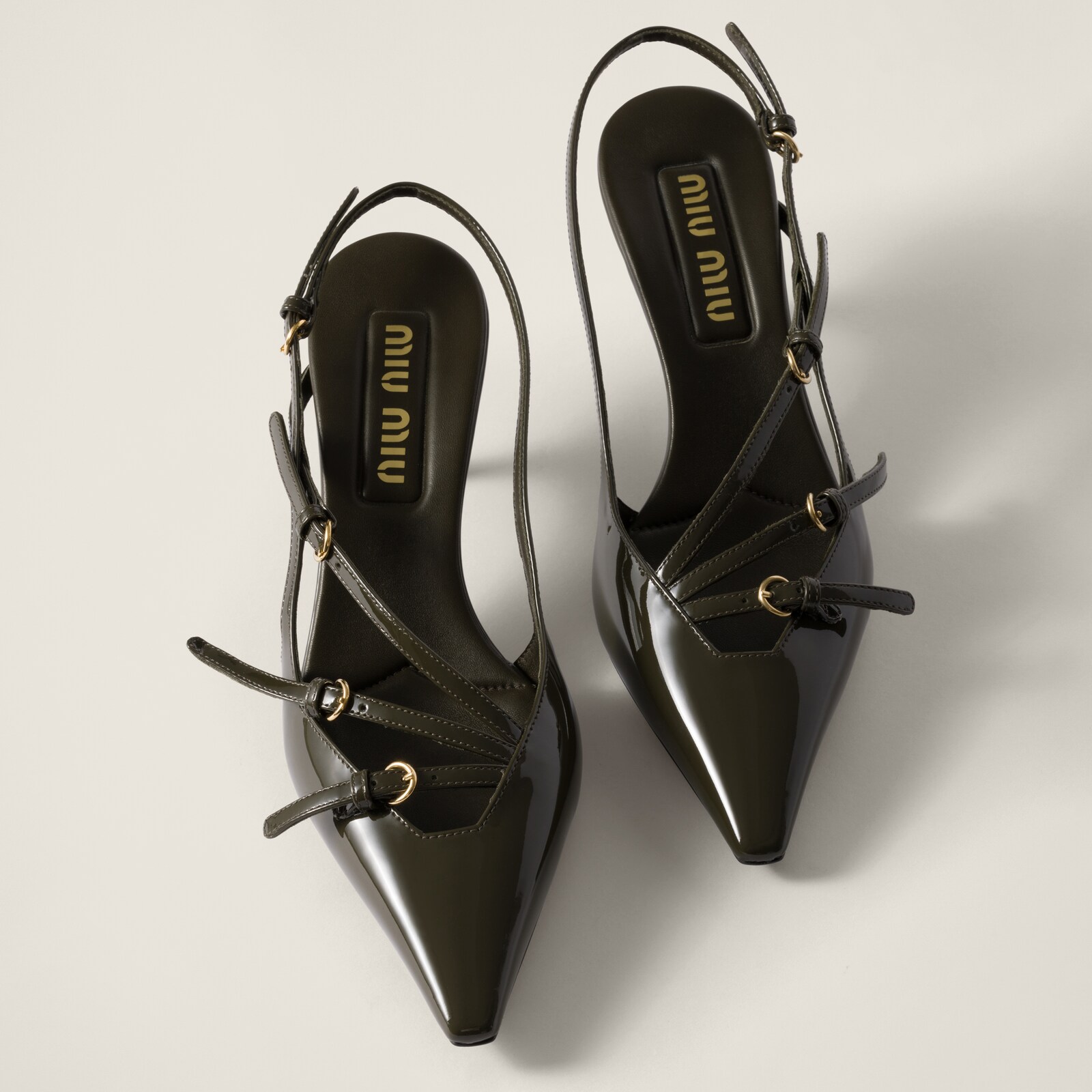 Loden Green Patent Leather Slingbacks With Buckles | Miu Miu