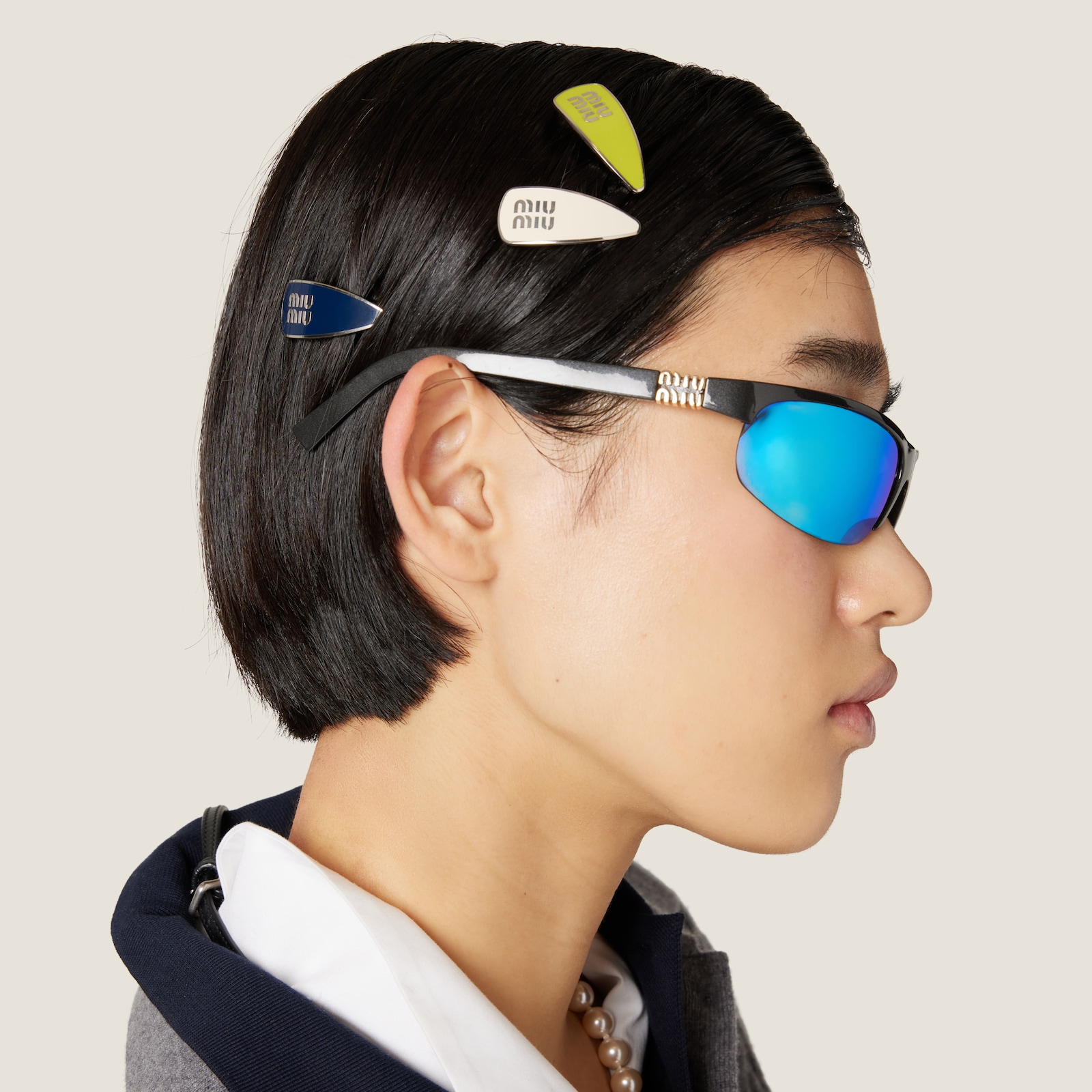 Baltic Blue/lime Green/waxy White Enamelled Metal Clips | Miu Miu