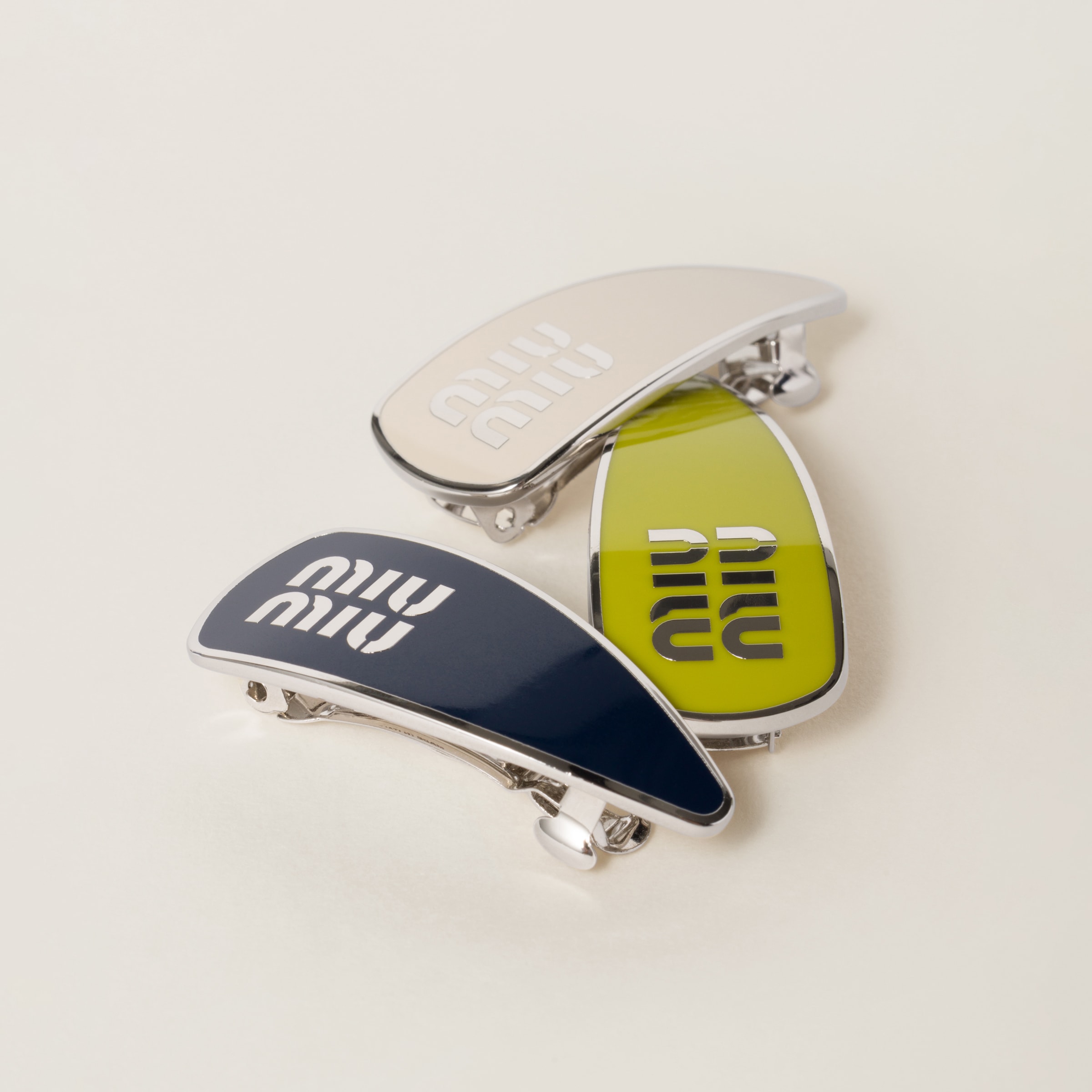 Baltic Blue/lime Green/waxy White Enamelled Metal Clips | Miu Miu