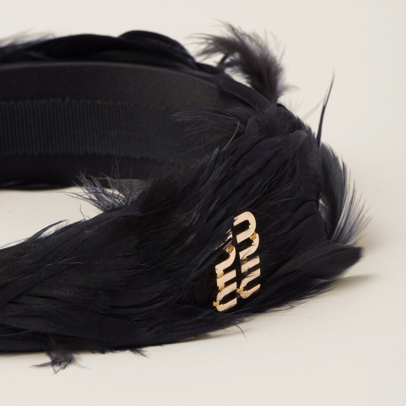 Black Satin Headband With Feathers | Miu Miu