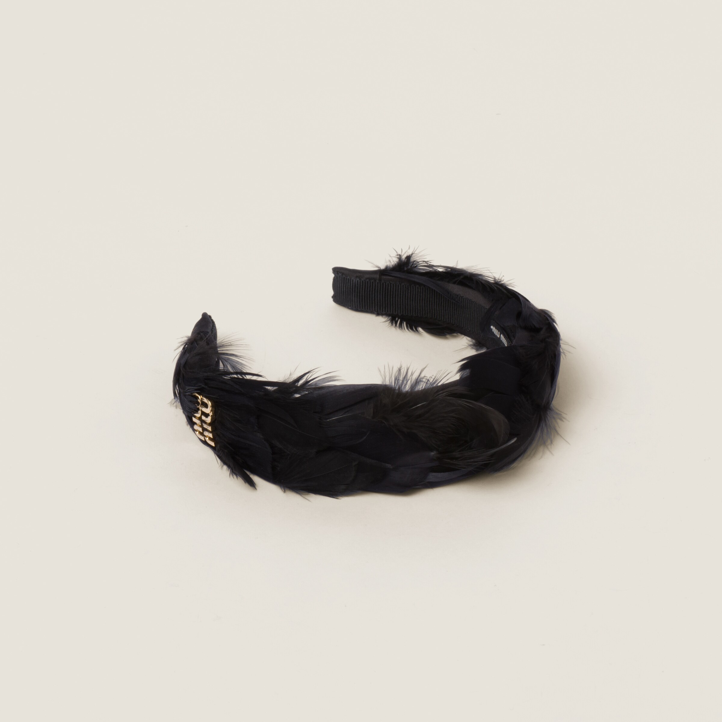 Black Satin Headband With Feathers | Miu Miu