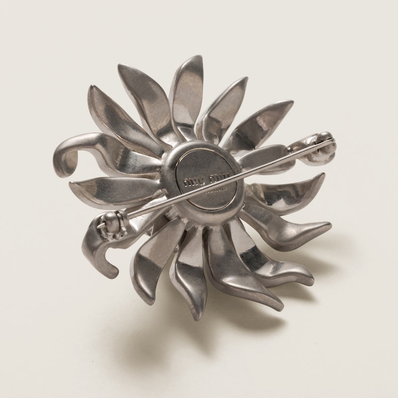 Steel/crystal/cream Metal Brooches With Crystals And Pearl | Miu Miu