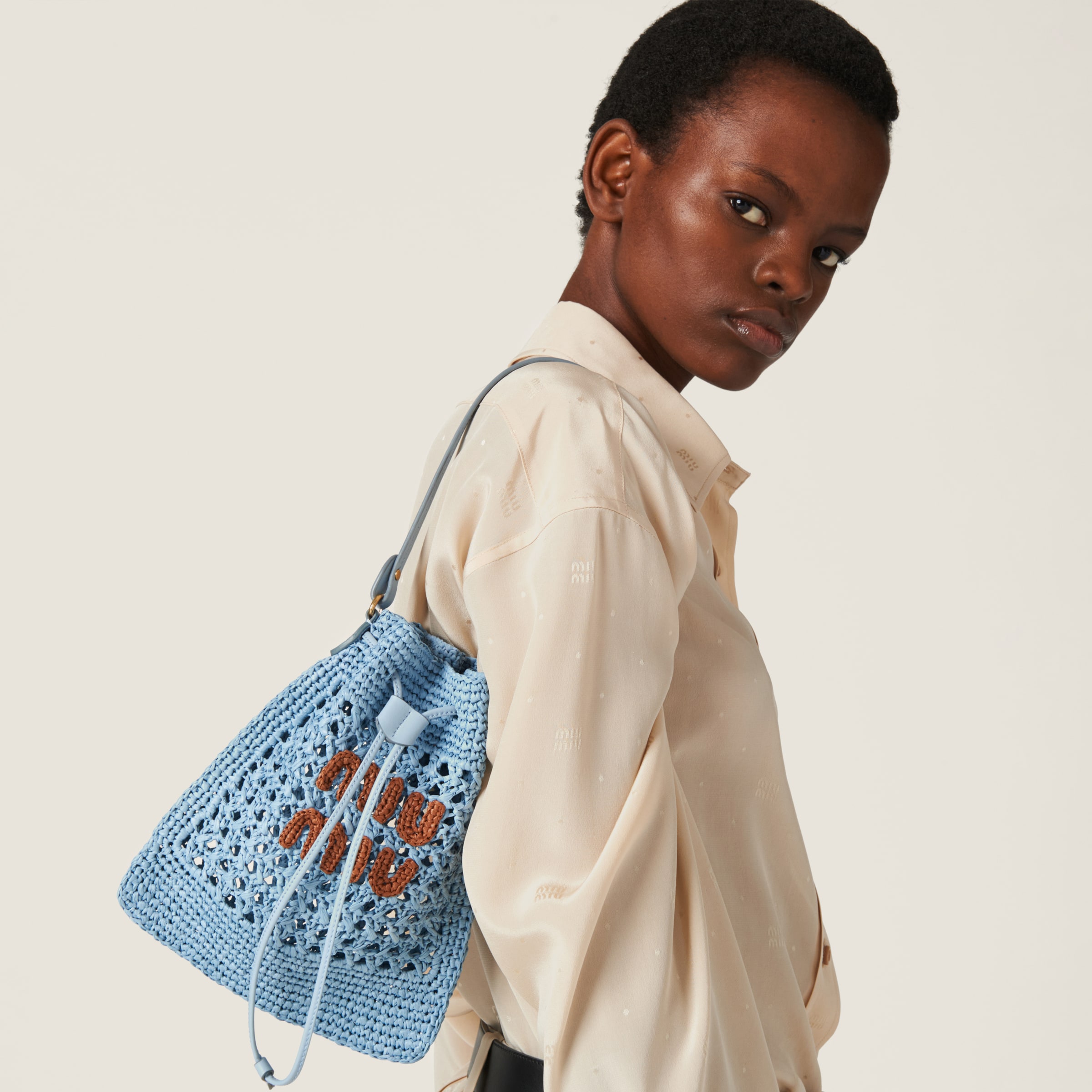 Celeste/cognac Woven Fabric Mini-bag | Miu Miu