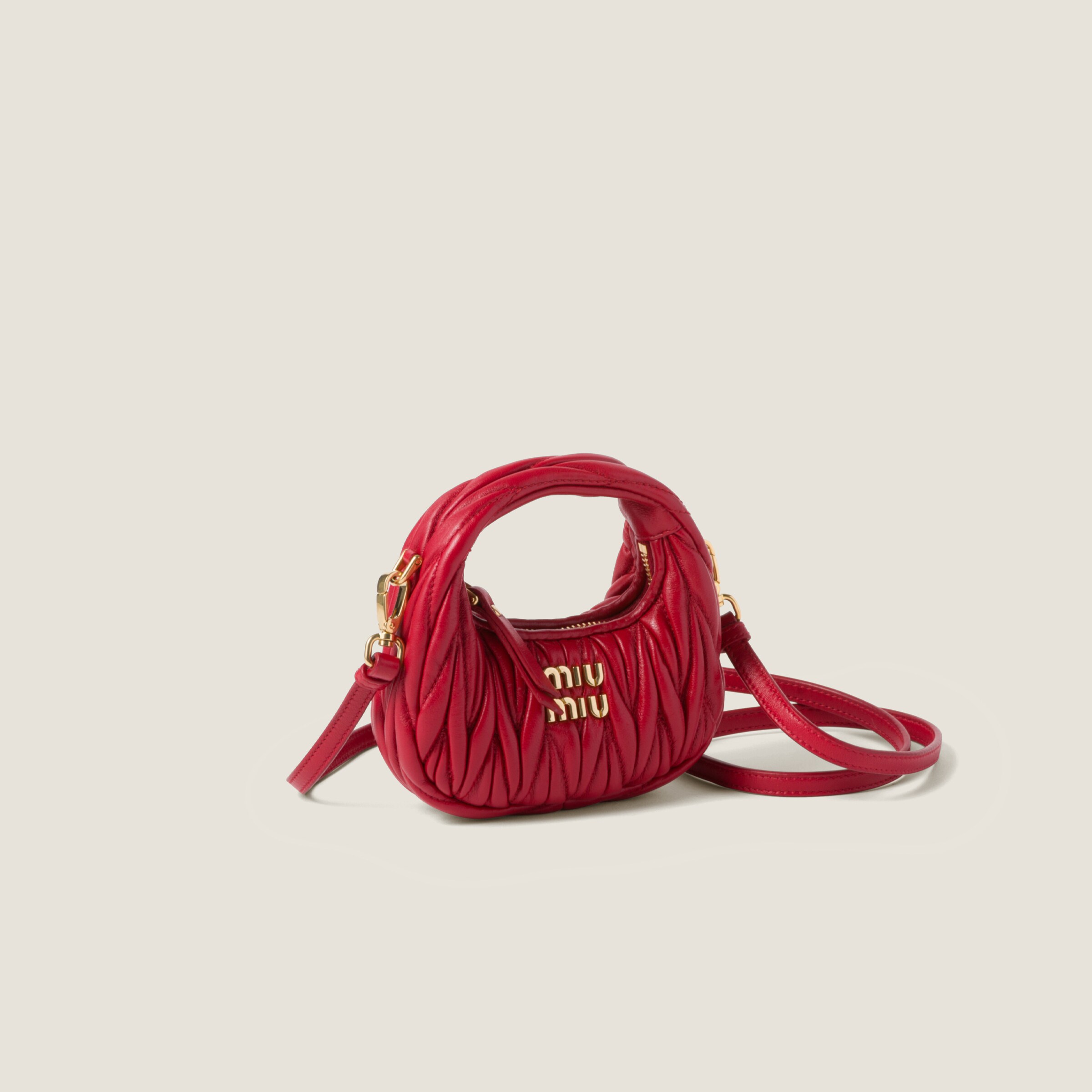 Red Wander Matelassé Nappa Leather Micro Hobo Bag | Miu Miu