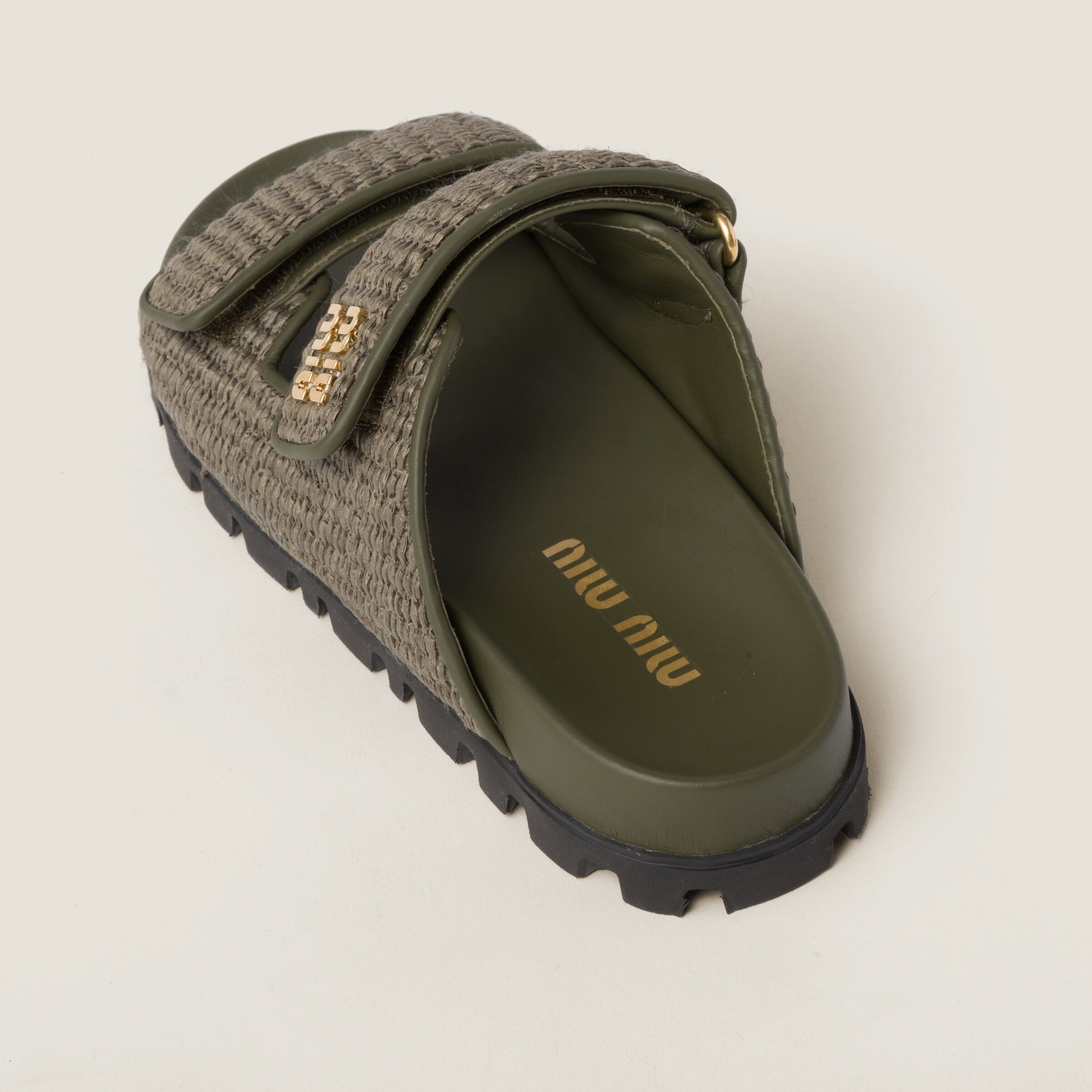 Sandali Slider In Tessuto Effetto Rafia Militare | Miu Miu