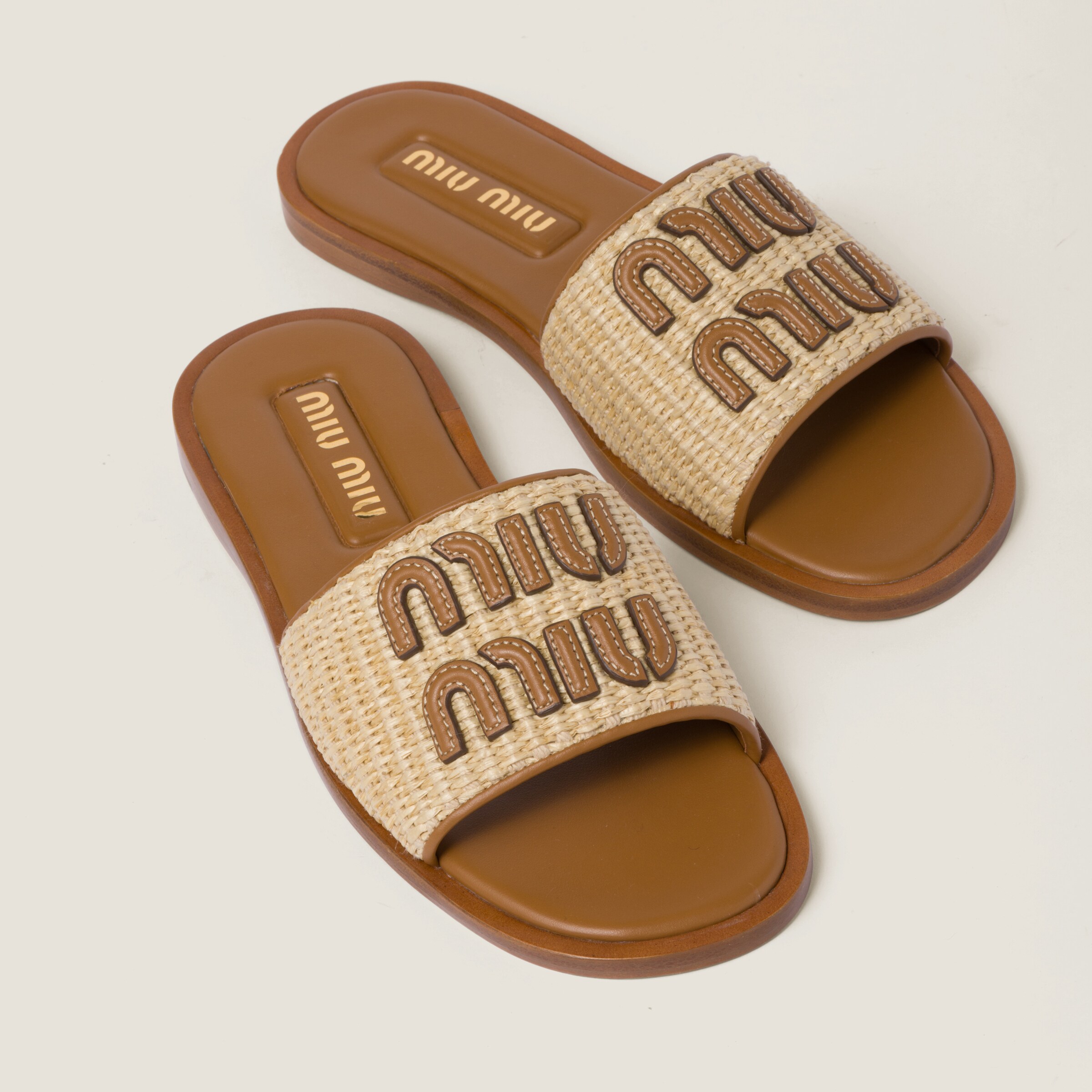 Natural Raffia-effect Woven Fabric Slides | Miu Miu