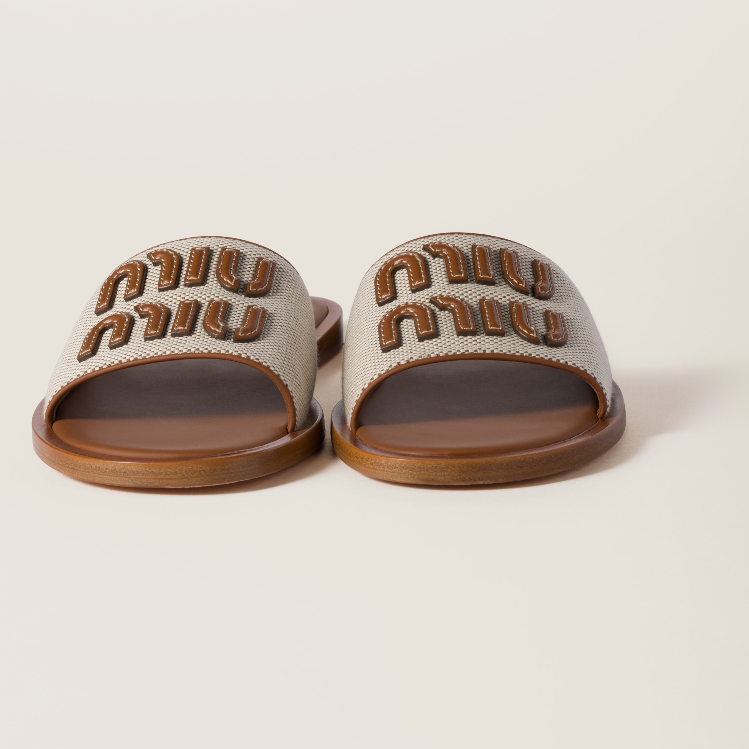 Beige/brandy Canvas And Leather Slides | Miu Miu - United States