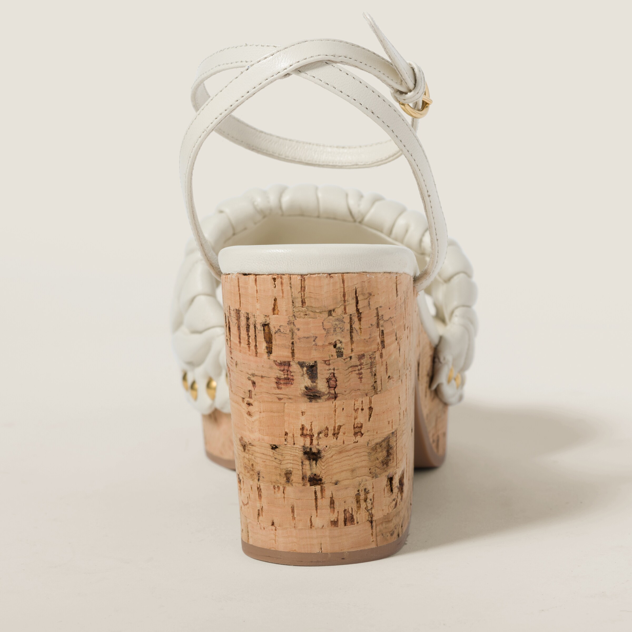 Sandales À Talon En Liège Et Cuir Nappa Matelassé Blanc | Miu Miu