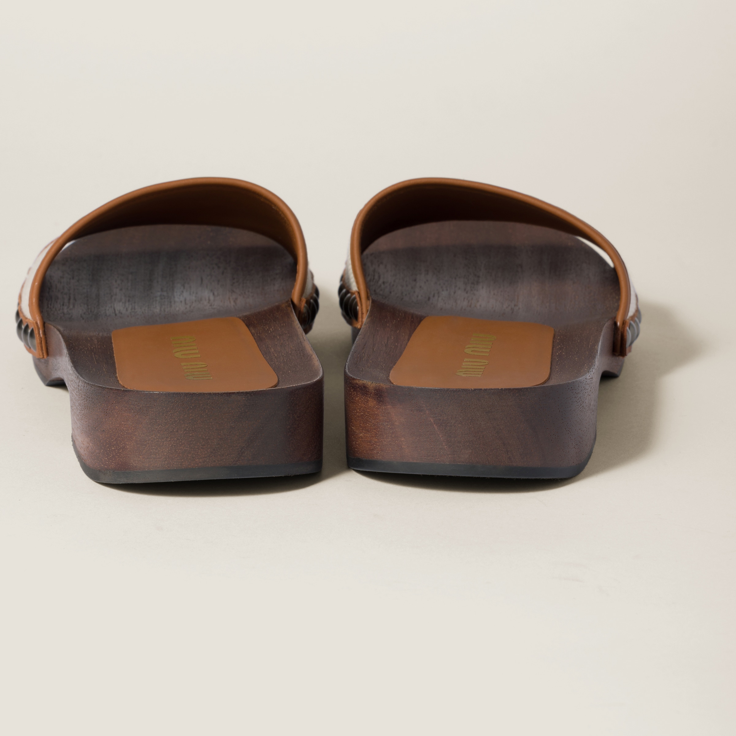 Beige/brandy Canvas And Leather Clogs | Miu Miu - United States
