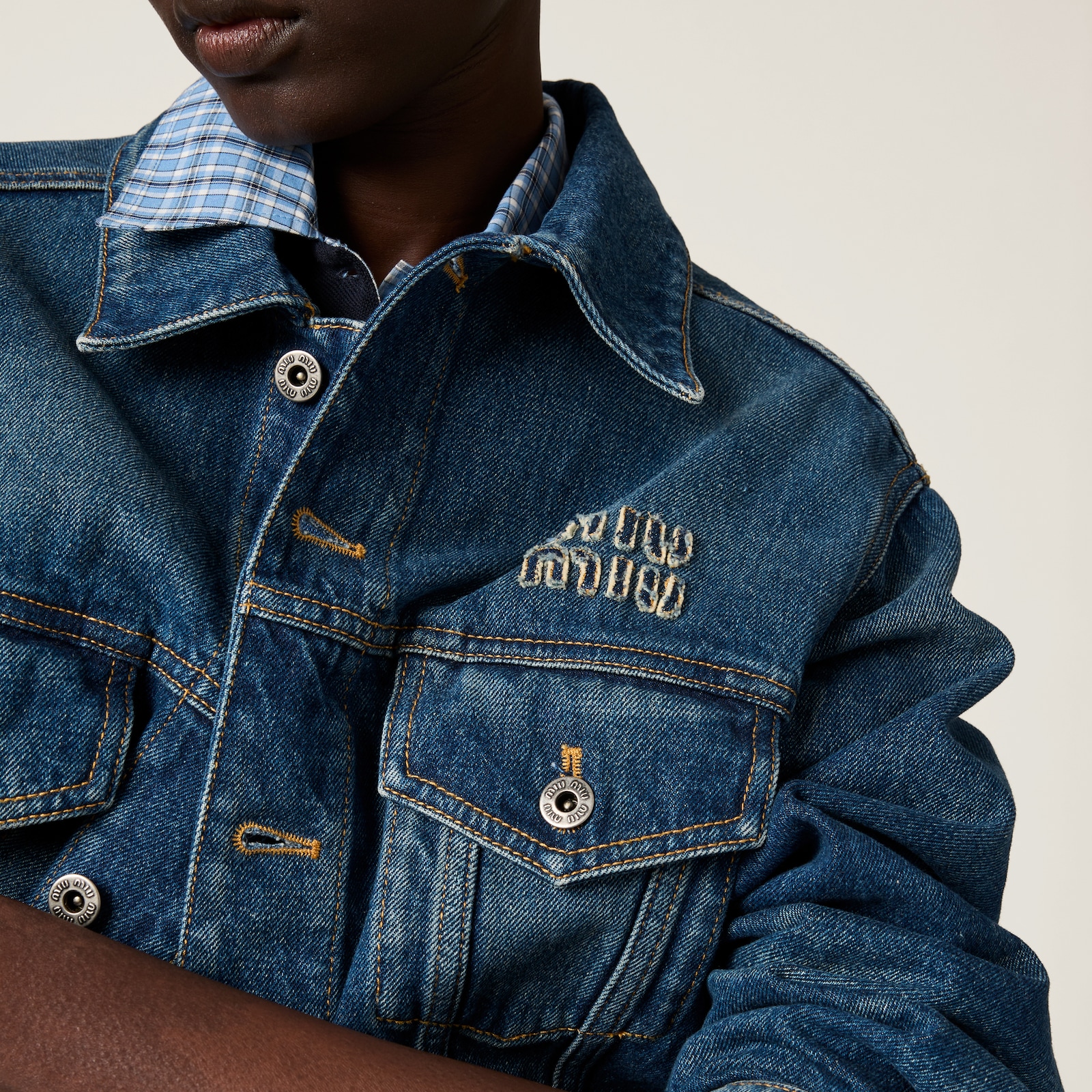 Navy Washed Denim Blouson Jacket | Miu Miu - United States