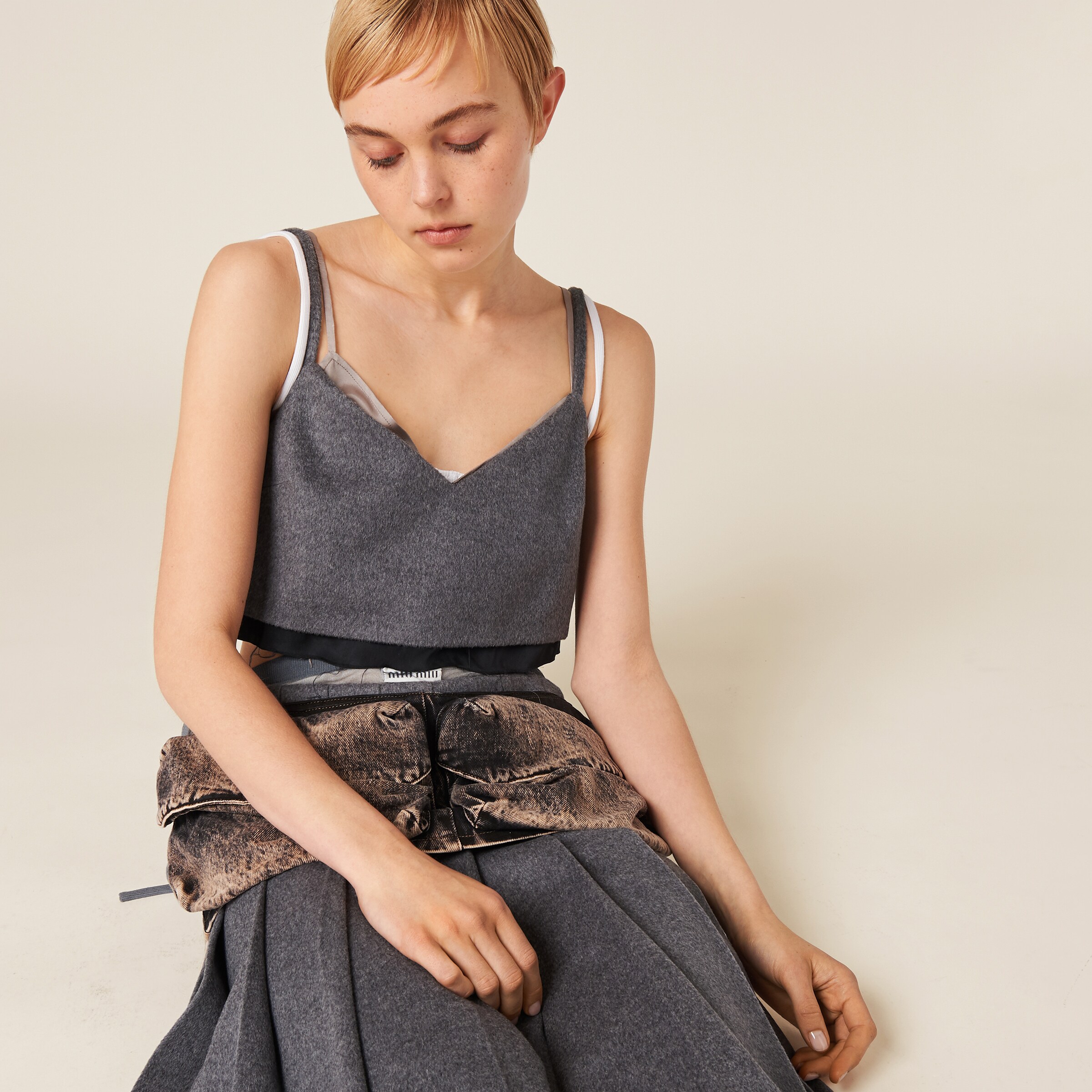 Black Marbleized Denim Peplum Belt | Miu Miu