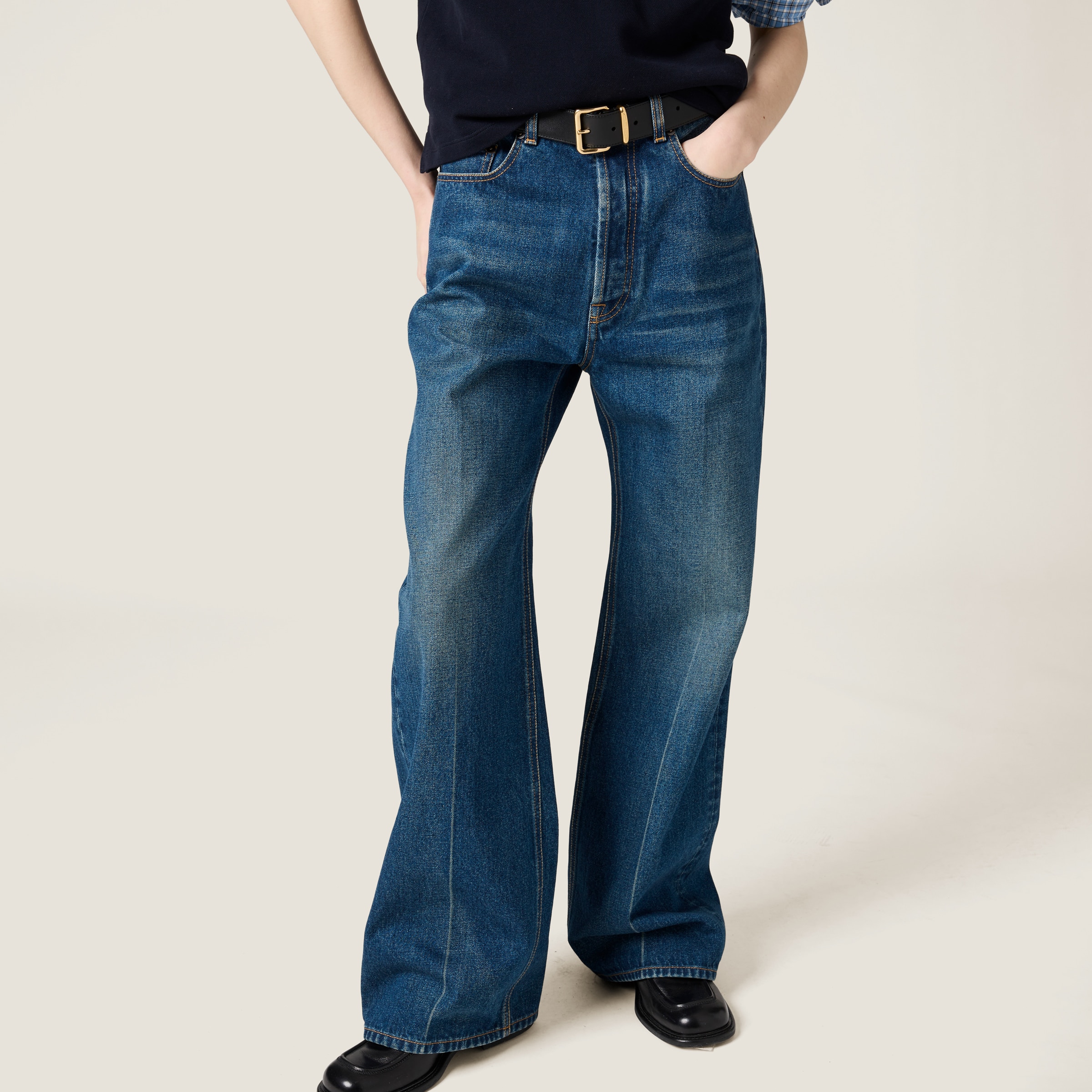 Navy Washed Denim Flared Jeans | Miu Miu