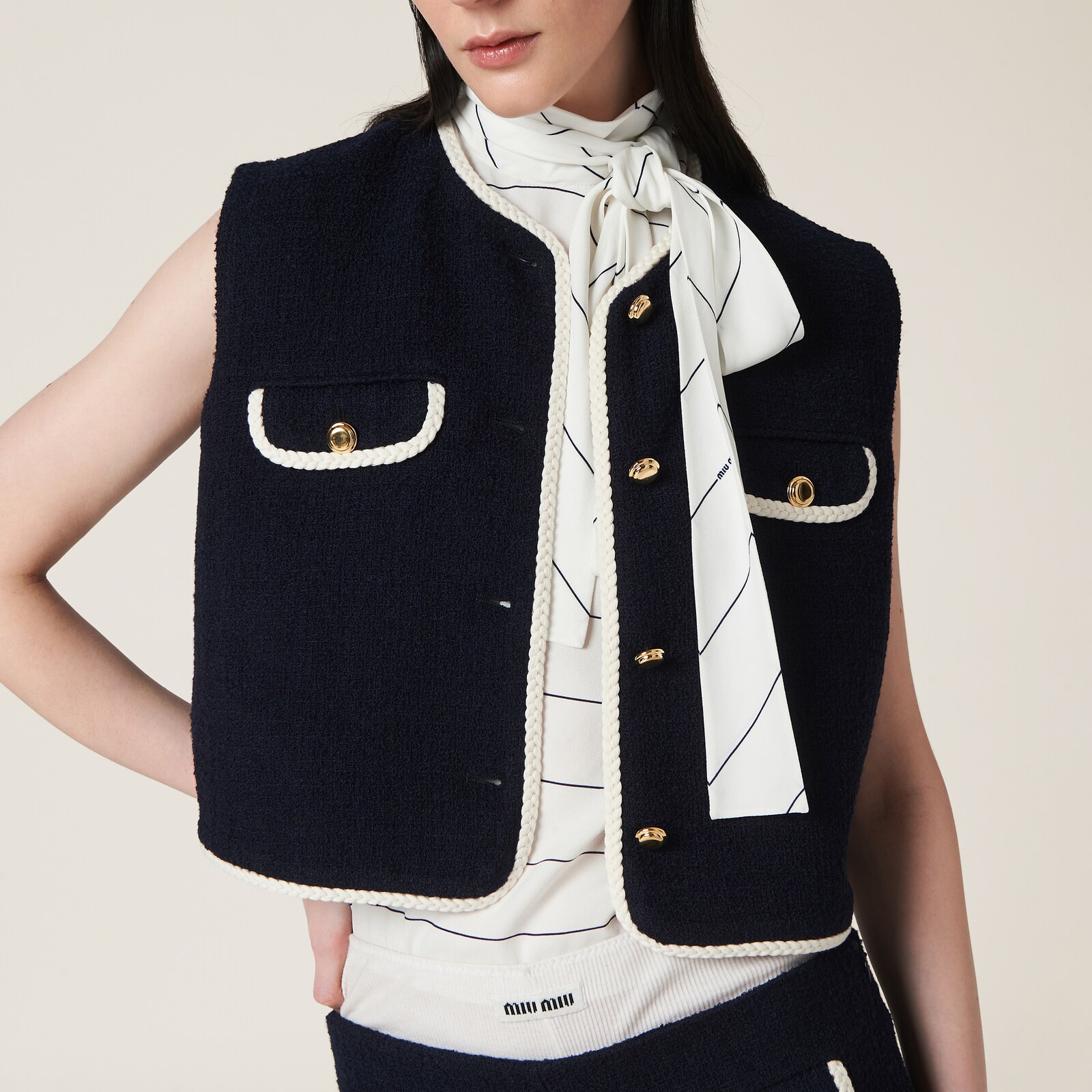 Navy Single-breasted Tweed Vest | Miu Miu