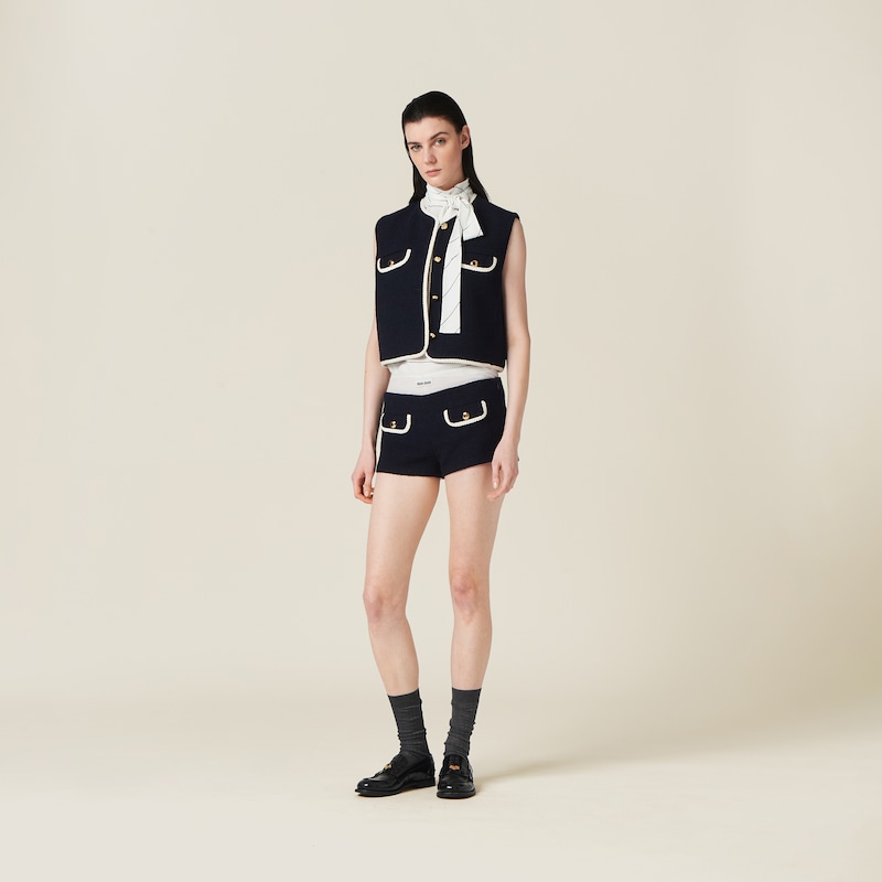 Navy Single-breasted Tweed Vest | Miu Miu