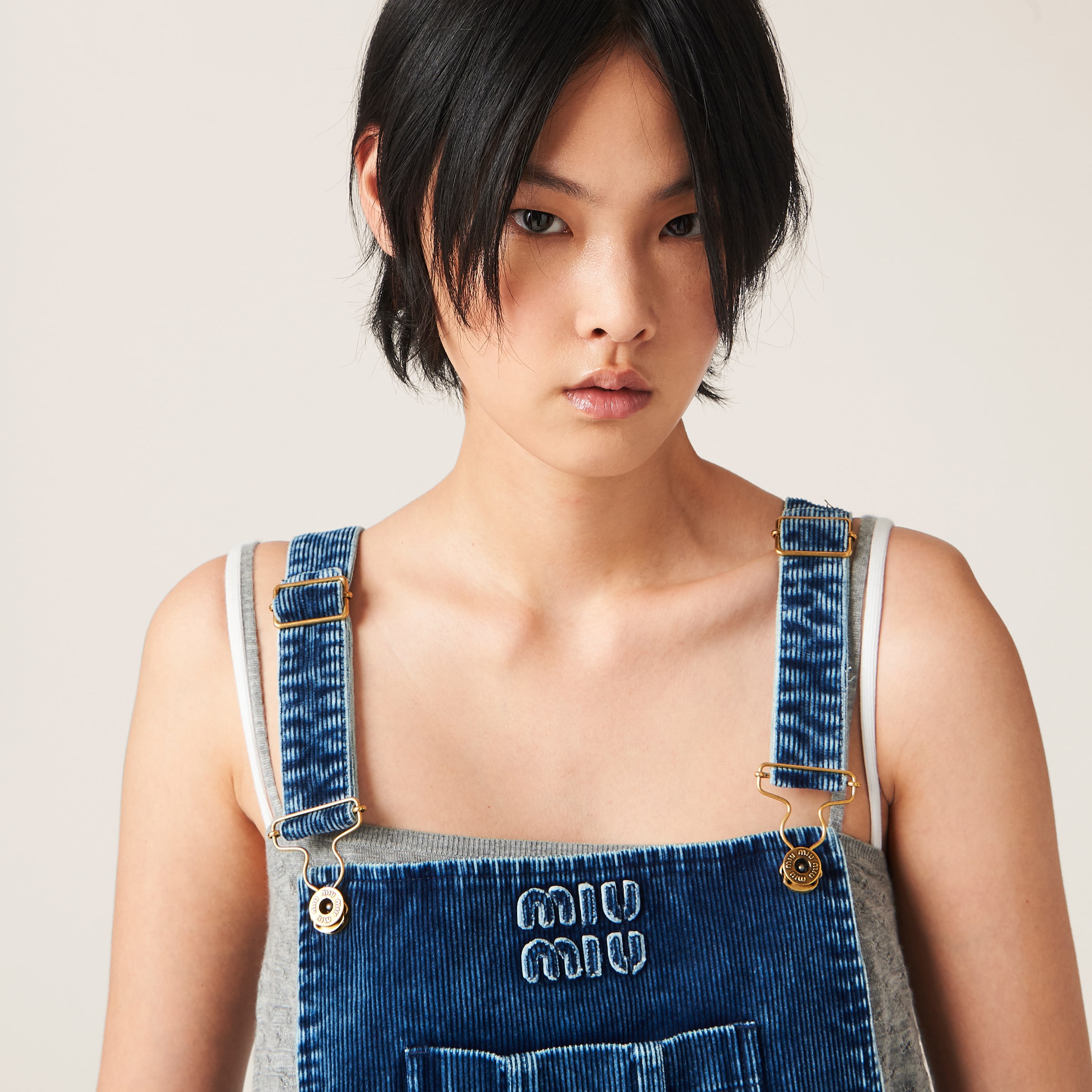 Indigo Blue Long Washed Velvet Overalls | Miu Miu
