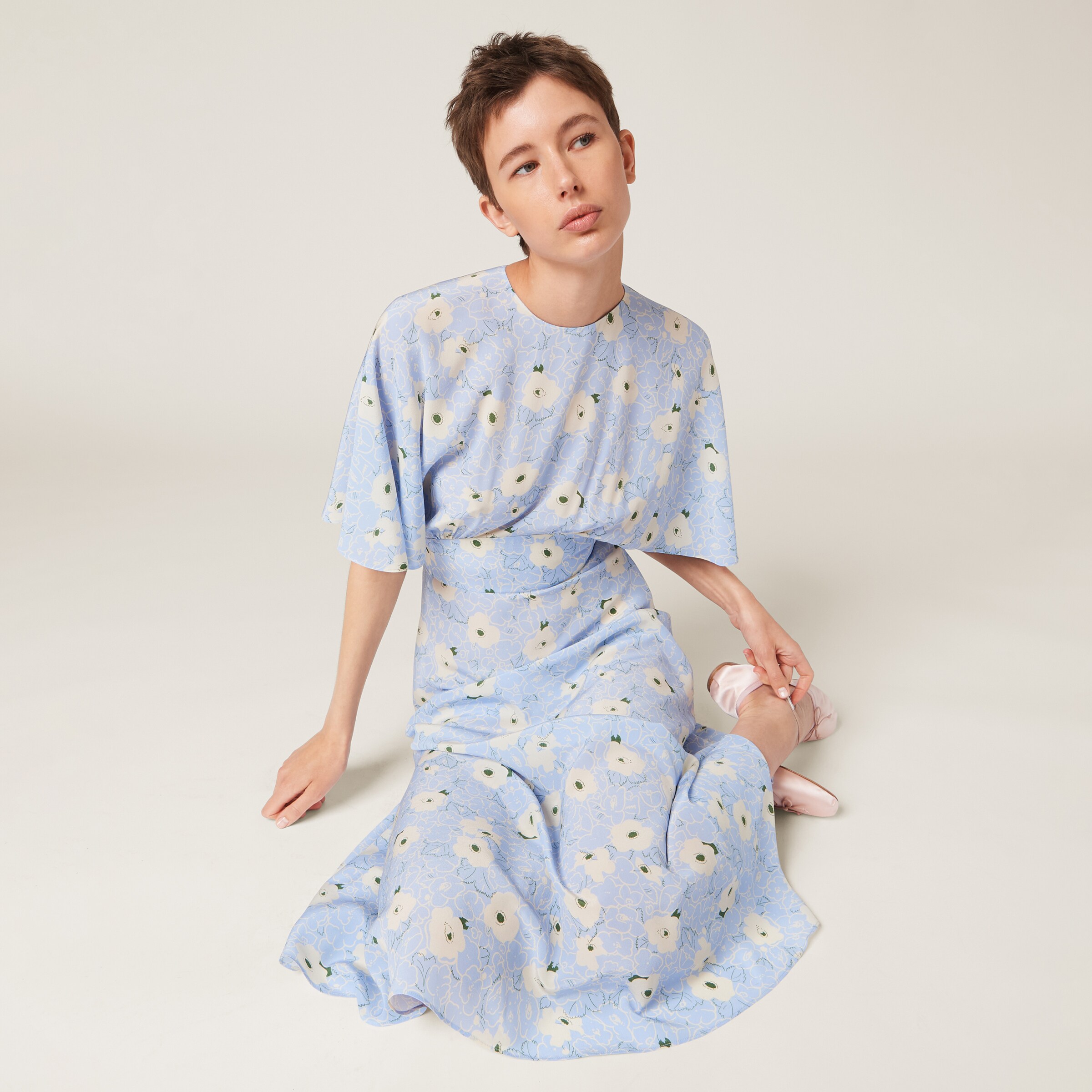 Light Blue/ivory Crepe De Chine Midi-dress | Miu Miu
