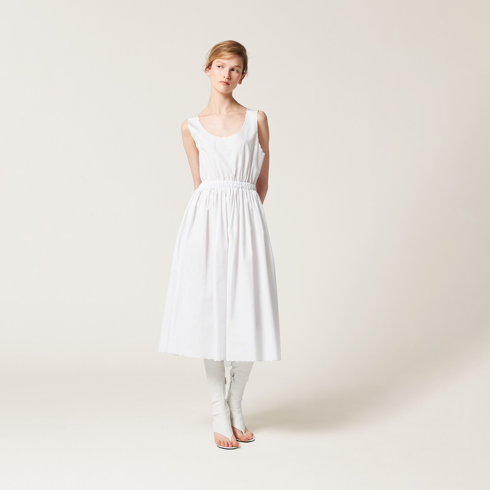 İşlemeli Poplin Midi Elbise Beyaz | Miu Miu