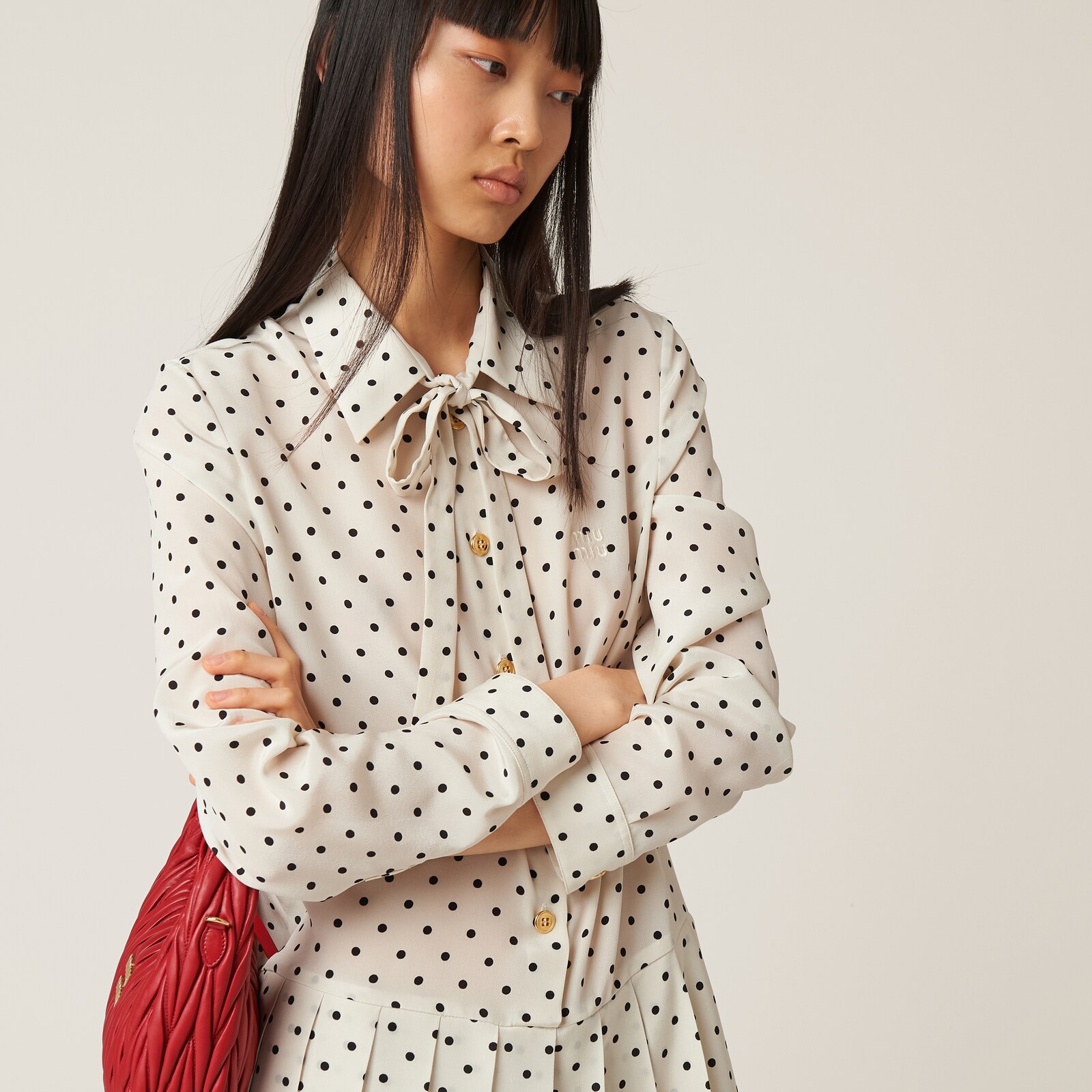 Ivory/black Printed Crepe De Chine Dress | Miu Miu