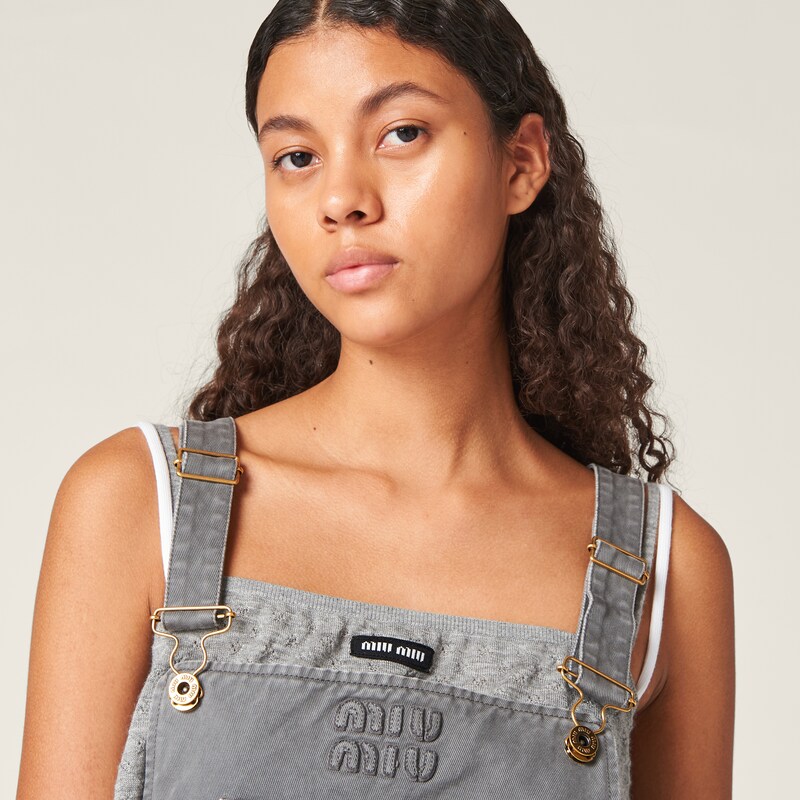 Iron Gray Garment-dyed Gabardine Overall Mini-dress | Miu Miu