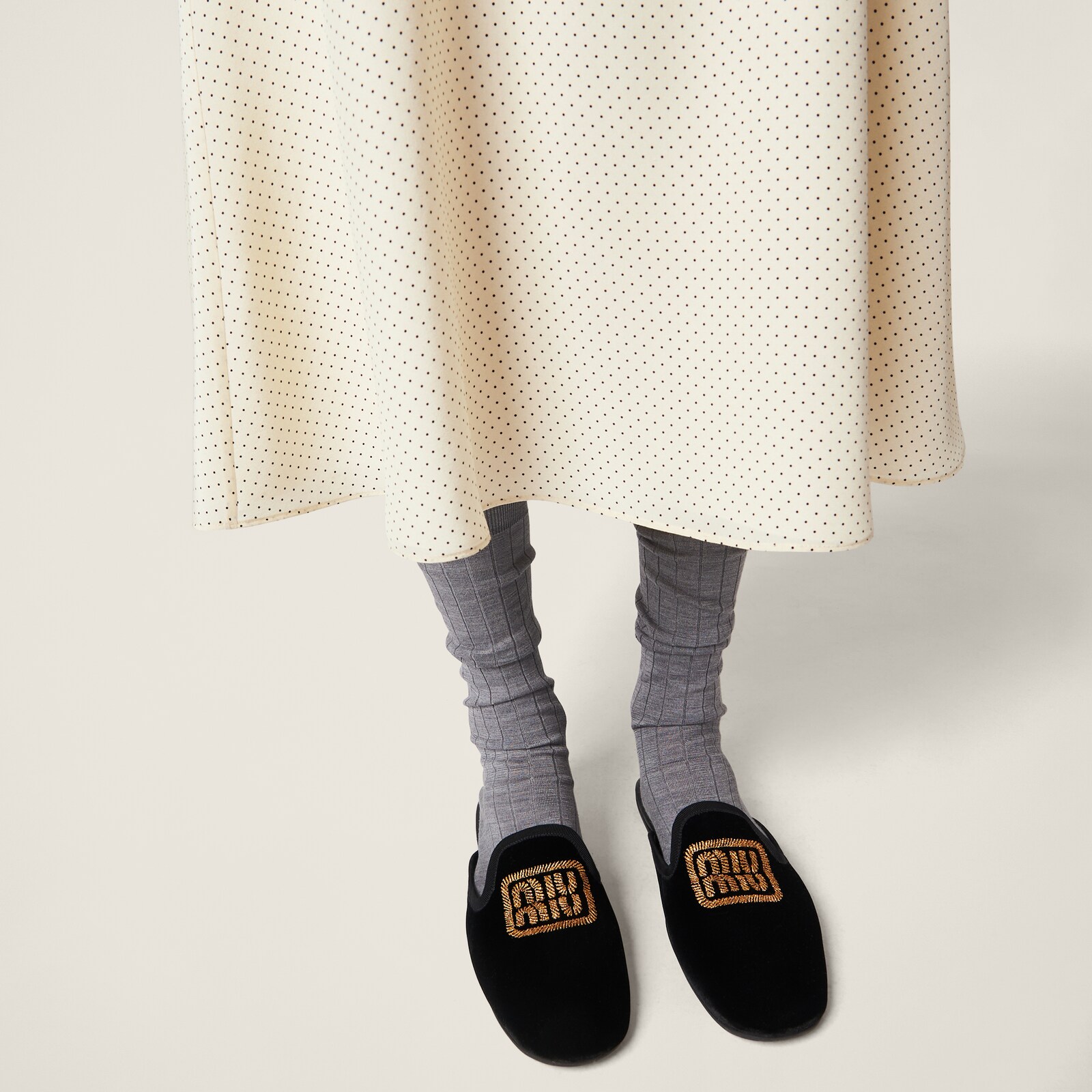 Ivory/black Long Crepe De Chine Dress | Miu Miu