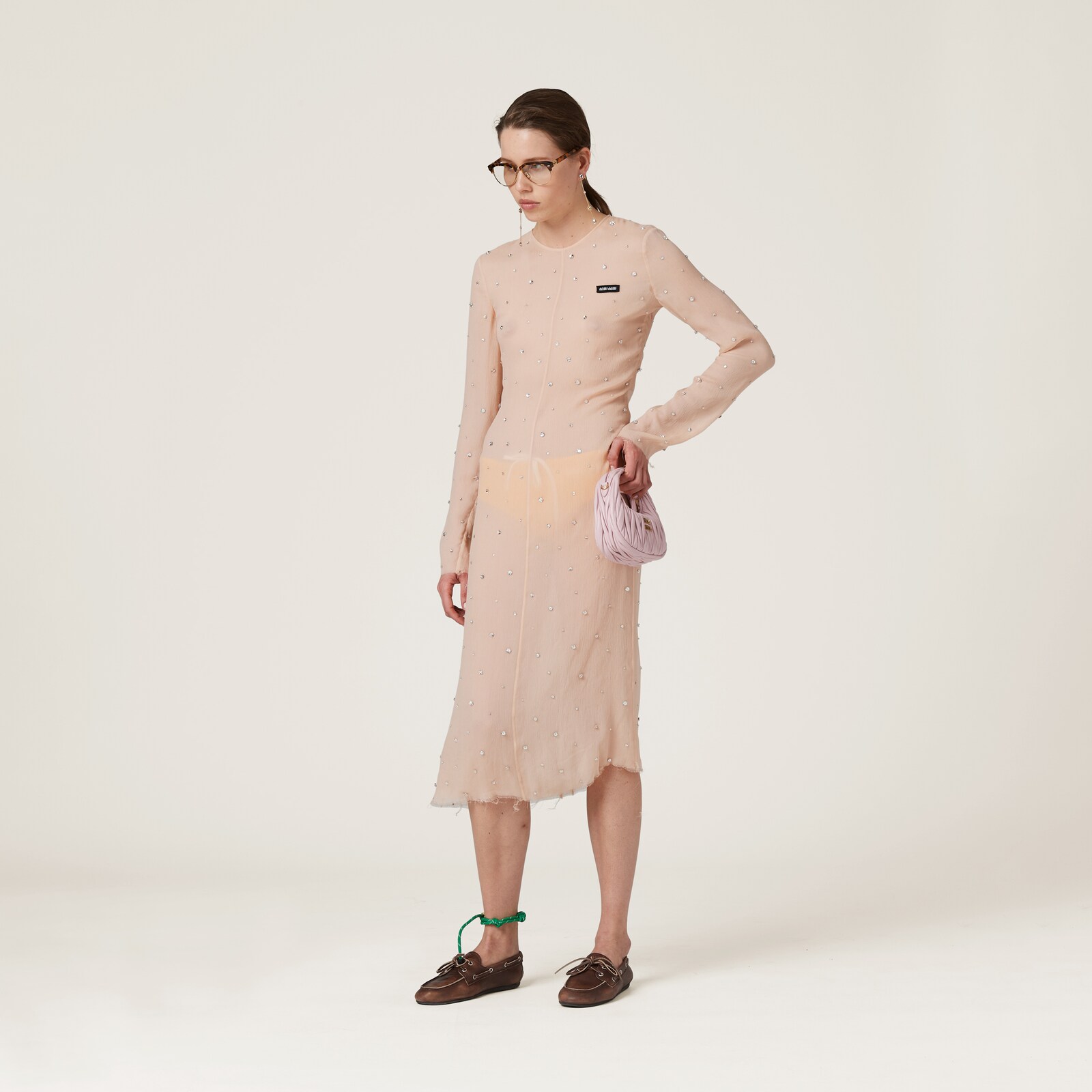 Abito In Chiffon Con Ricamo Pesca | Miu Miu