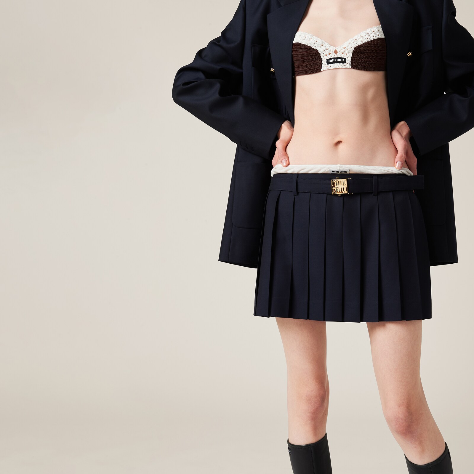 Navy Pleated Batavia Miniskirt Miu Miu