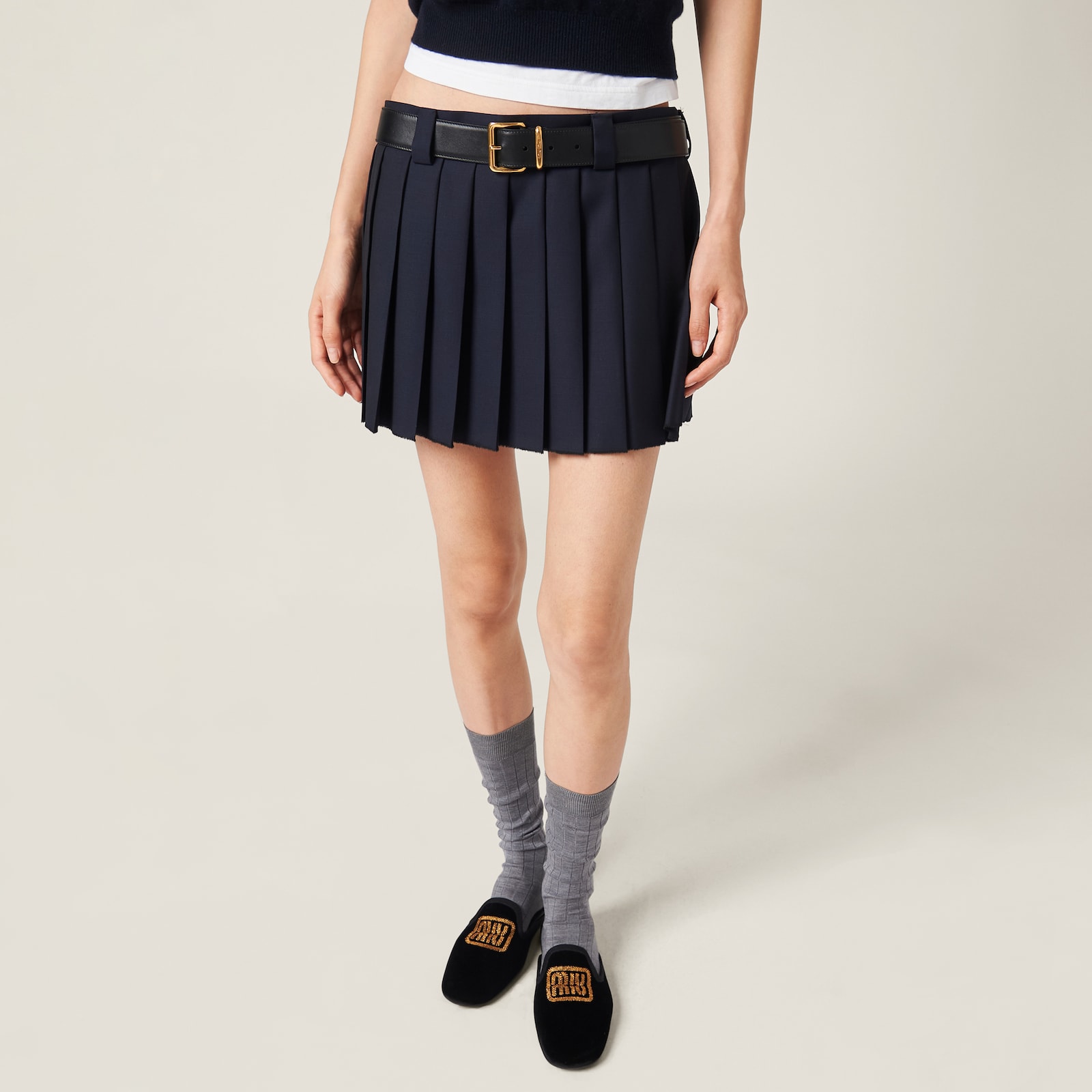 Navy Pleated Batavia Miniskirt Miu Miu