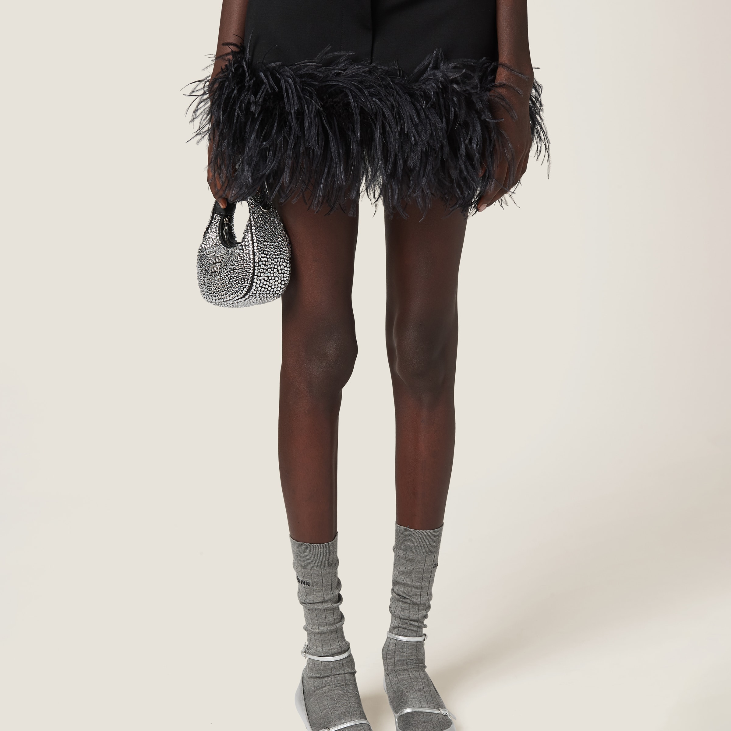 Black Feather-trimmed Grain De Poudre Miniskirt | Miu Miu