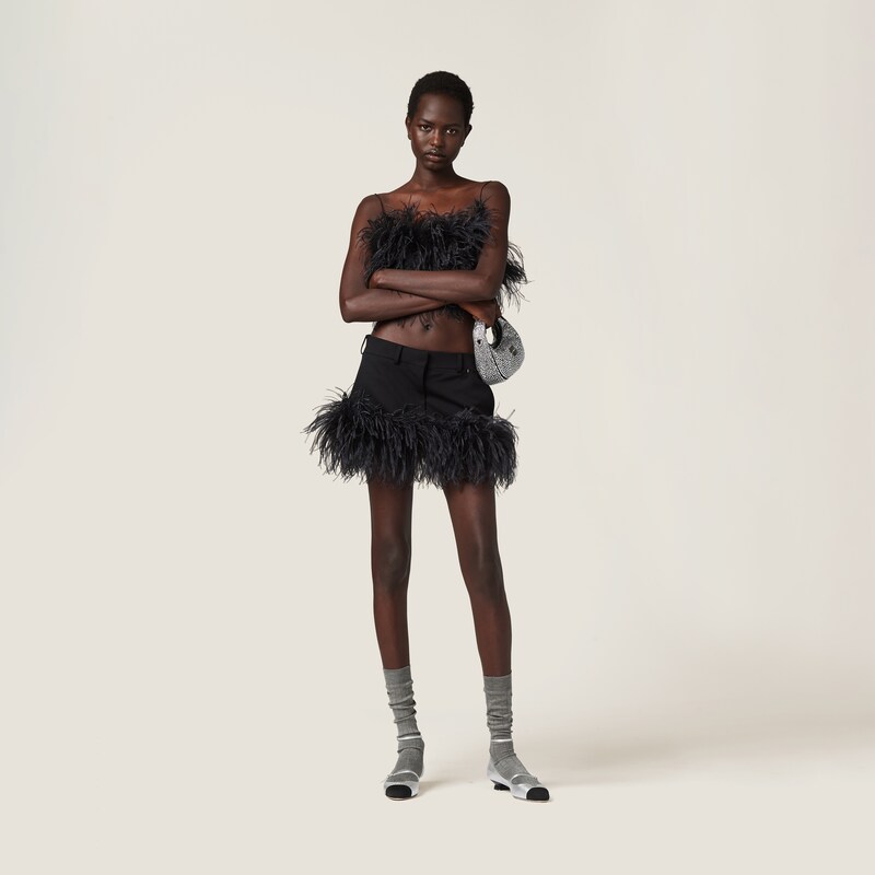 Black Feather-trimmed Grain De Poudre Miniskirt | Miu Miu