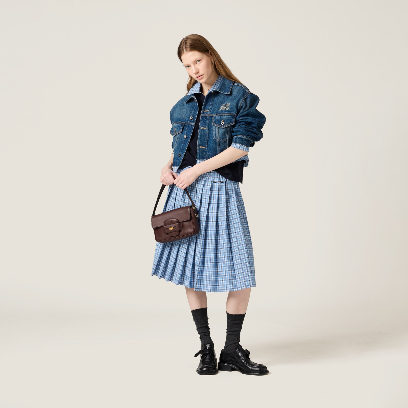 Lightblue / Blue Pleated Check Skirt | Miu Miu