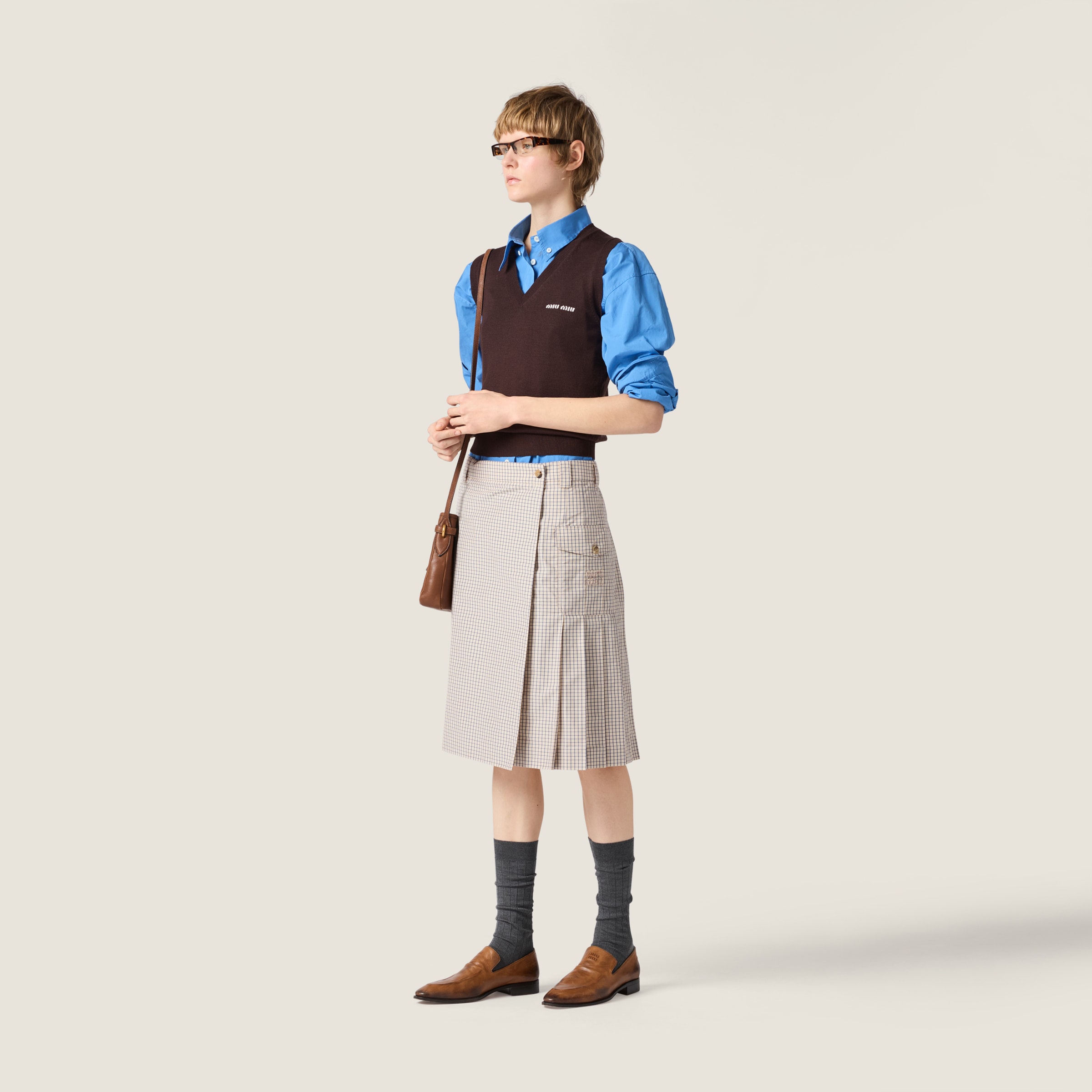 Sandbeige Rock Aus Kariertem Funktionsgewebe | Miu Miu