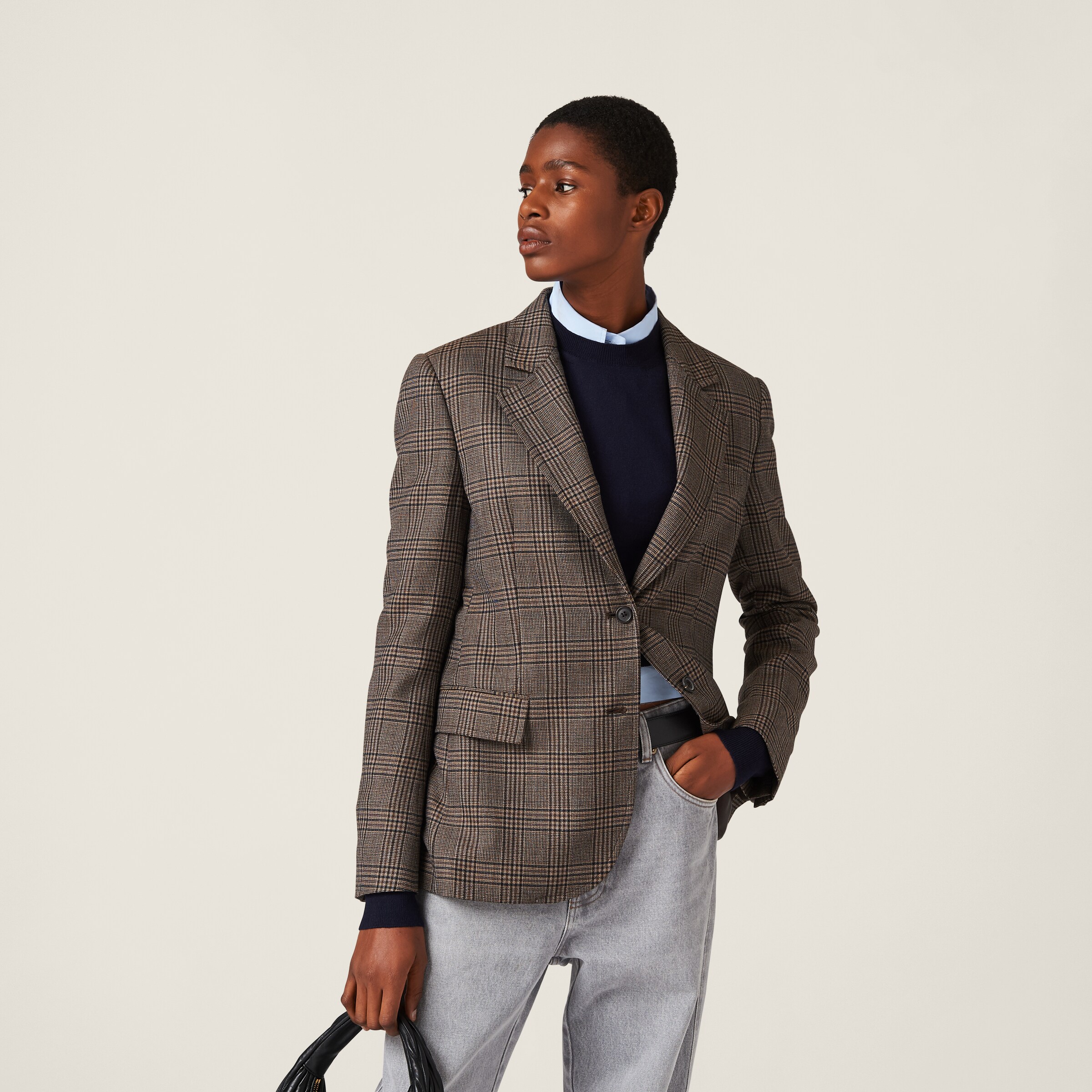 Bark Brown Single-breasted Prince Of Wales Check Jacket | Miu Miu
