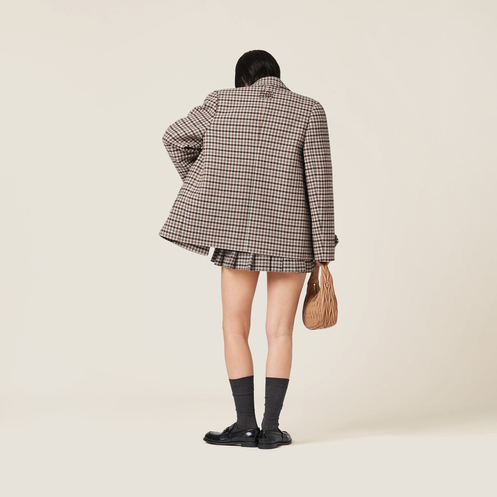 Sand+tobacco Double-breasted Houndstooth Check Jacket | Miu Miu