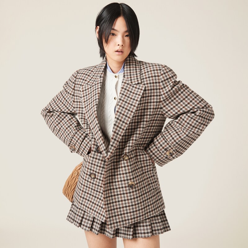 Sand+tobacco Double-breasted Houndstooth Check Jacket | Miu Miu