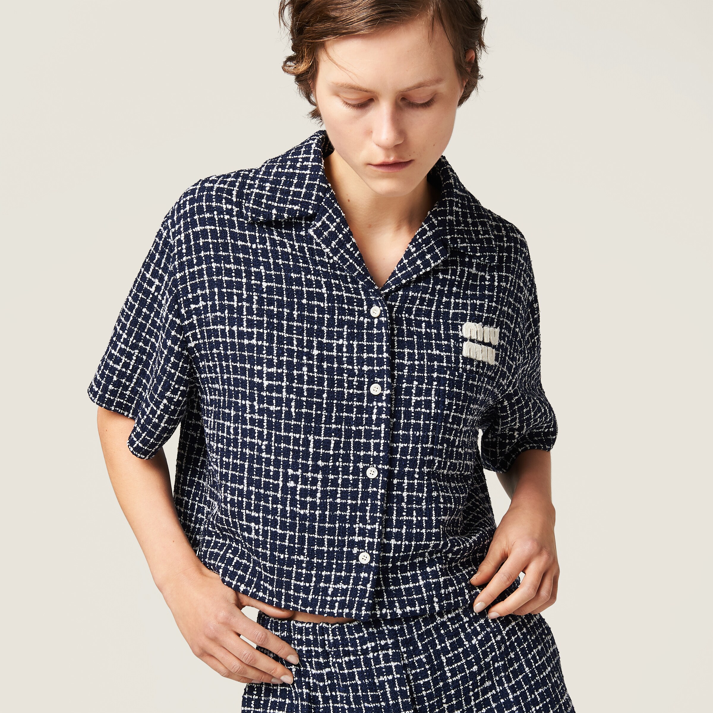 Blue/ivory Single-breasted Checked Tweed Jacket | Miu Miu