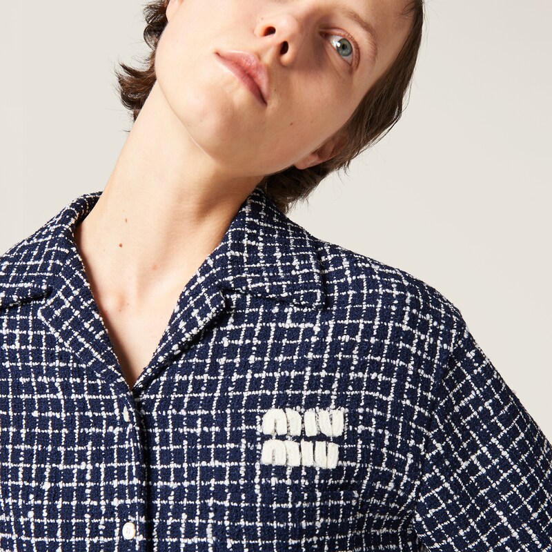 Blazer Em Tweed Xadrez Com Abotoamento Central Azul/marfim | Miu Miu