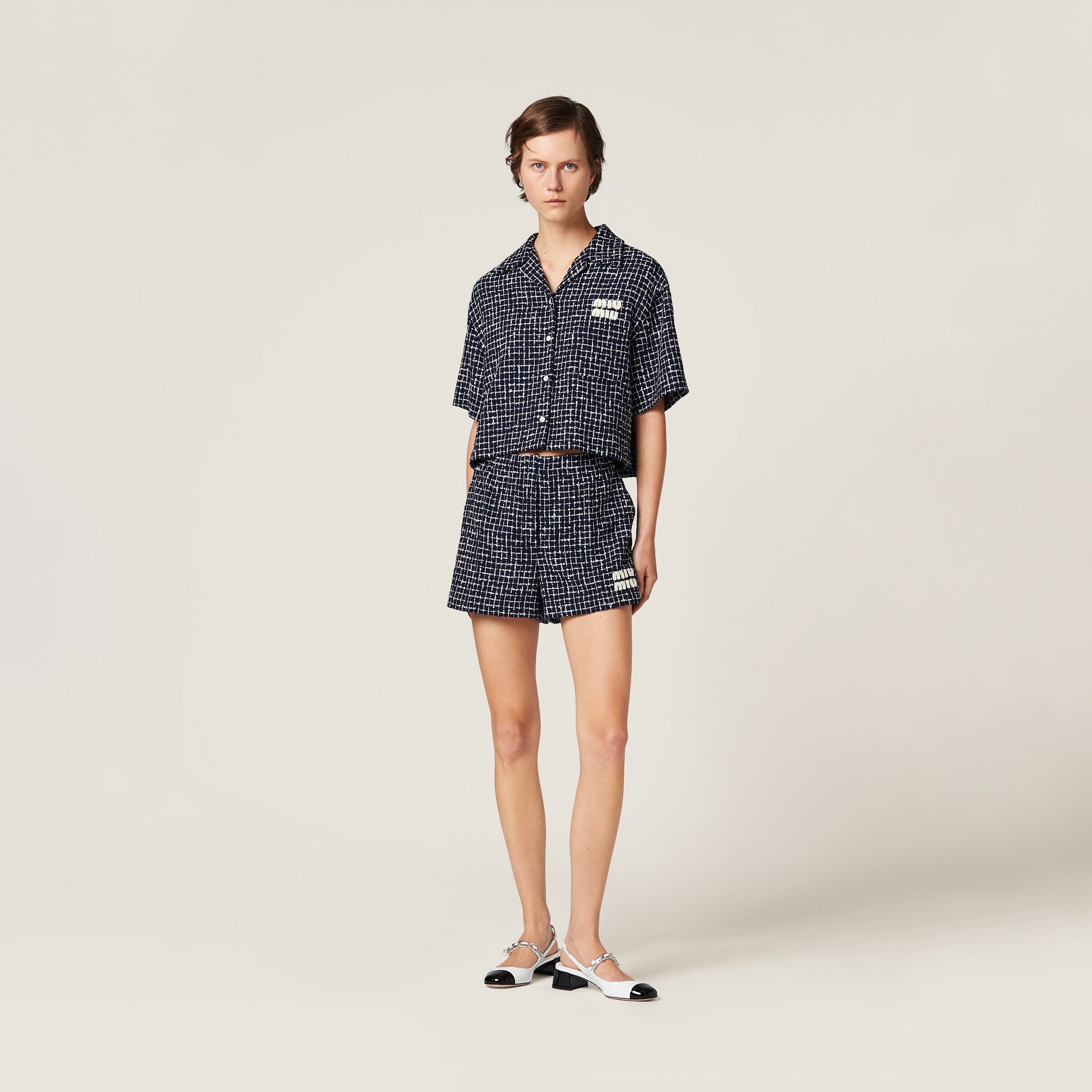 Blazer Em Tweed Xadrez Com Abotoamento Central Azul/marfim | Miu Miu