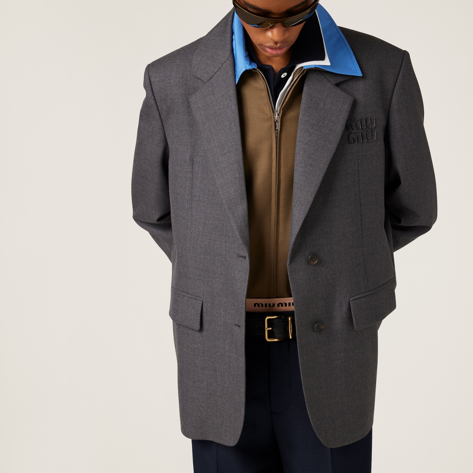 Anthracite Gray Single-breasted Gabardine Jacket | Miu Miu - United States