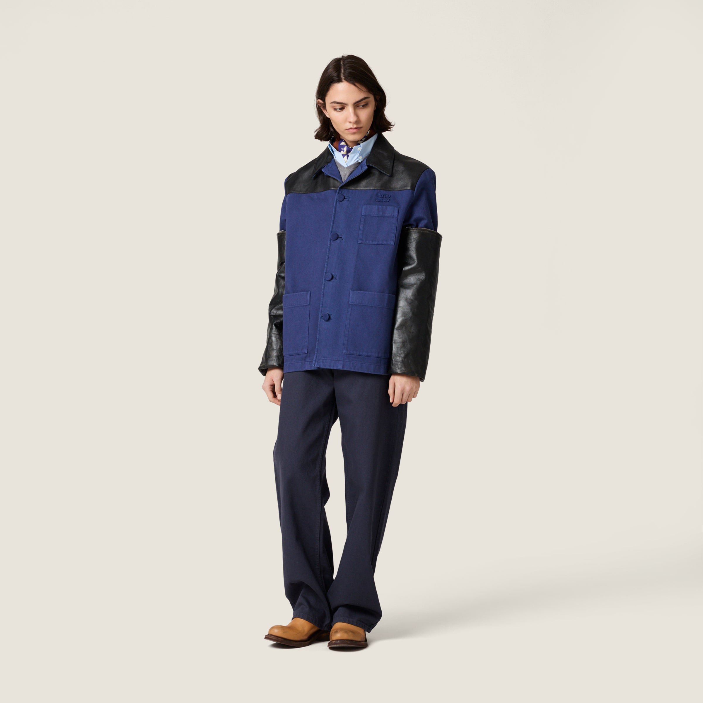 Ink Blue Single-breasted Garment-dyed Gabardine And Leather Jacket ...