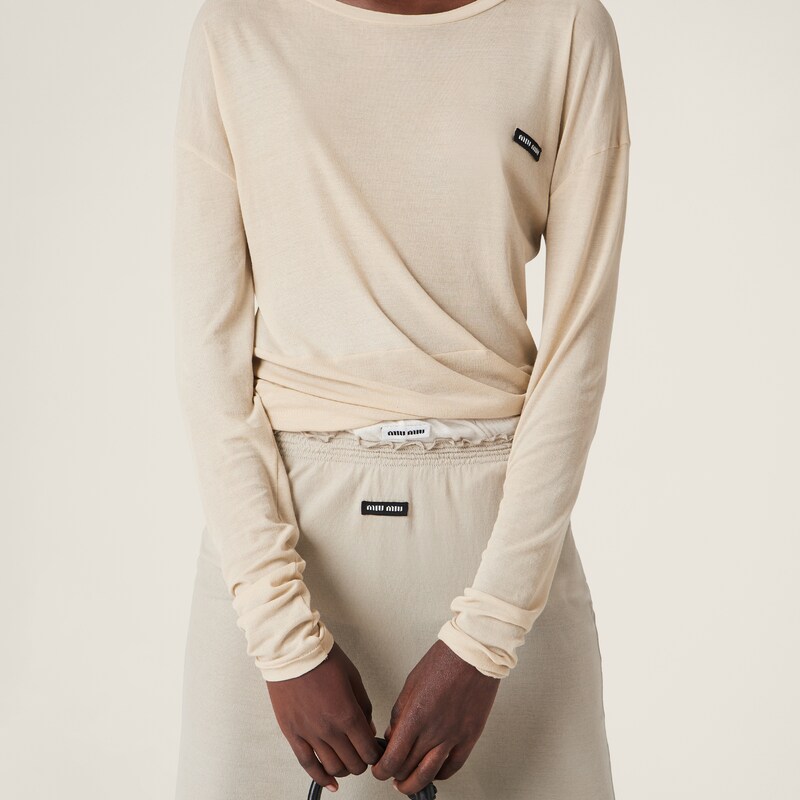 Desert Beige Garment-dyed Ribbed Jersey Knit Dress | Miu Miu