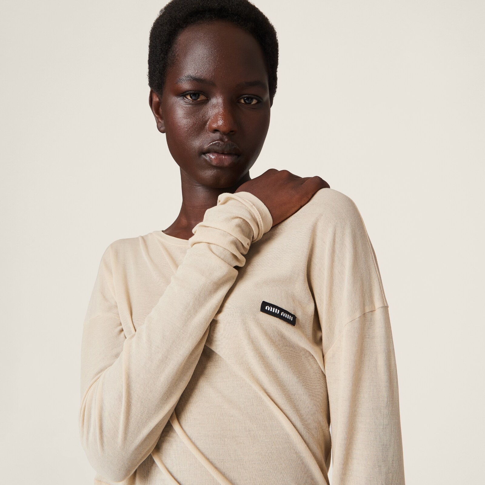 Desert Beige Garment-dyed Ribbed Jersey Knit Dress | Miu Miu