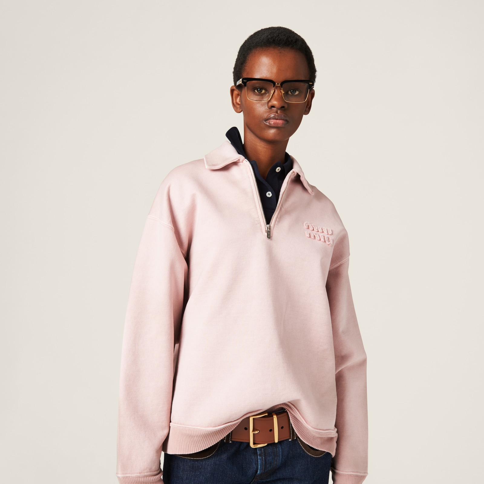 Alabaster Pink Garment-dyed Cotton Polo Shirt | Miu Miu