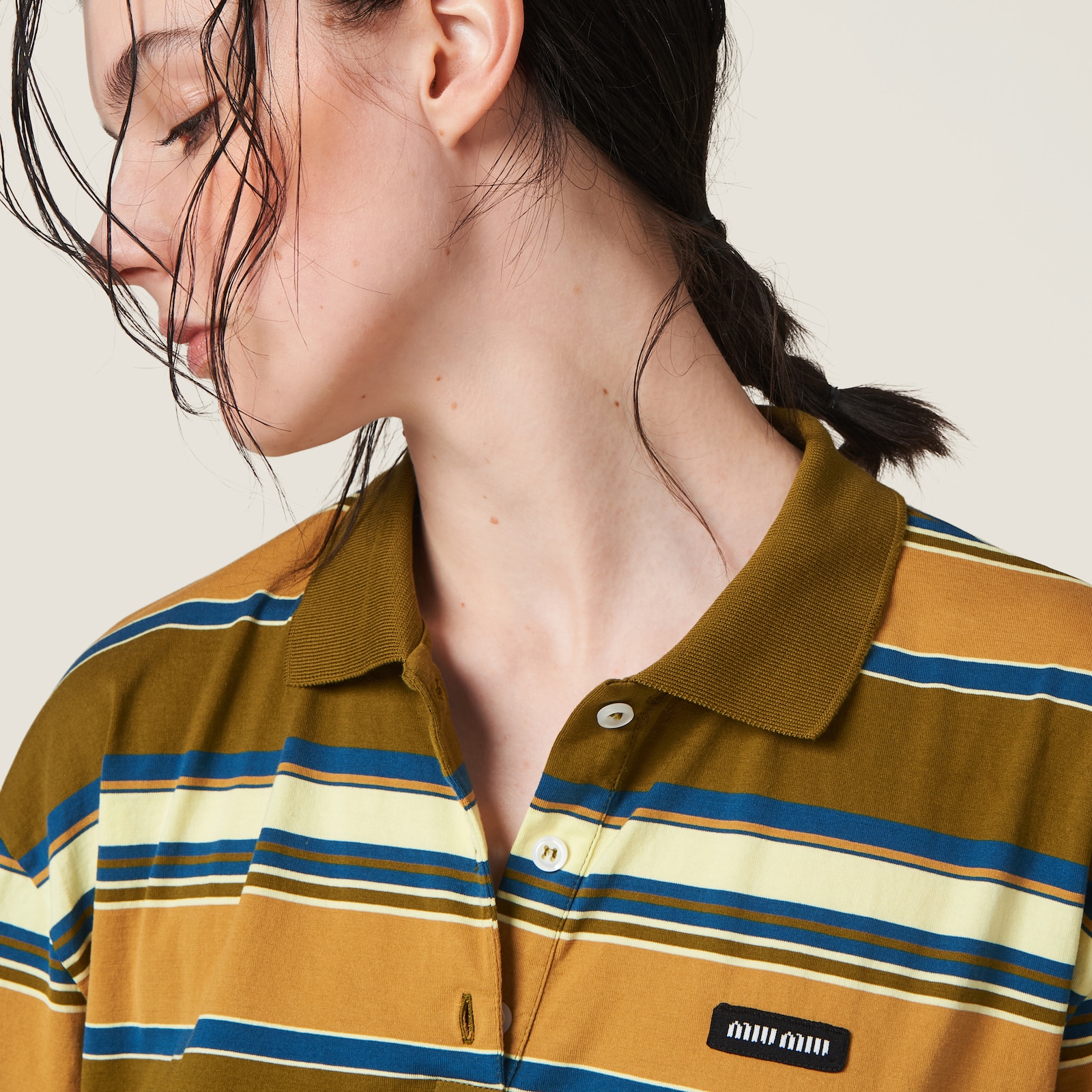 Mustard/cream/blue Cotton Jersey Polo Shirt | Miu Miu - United States