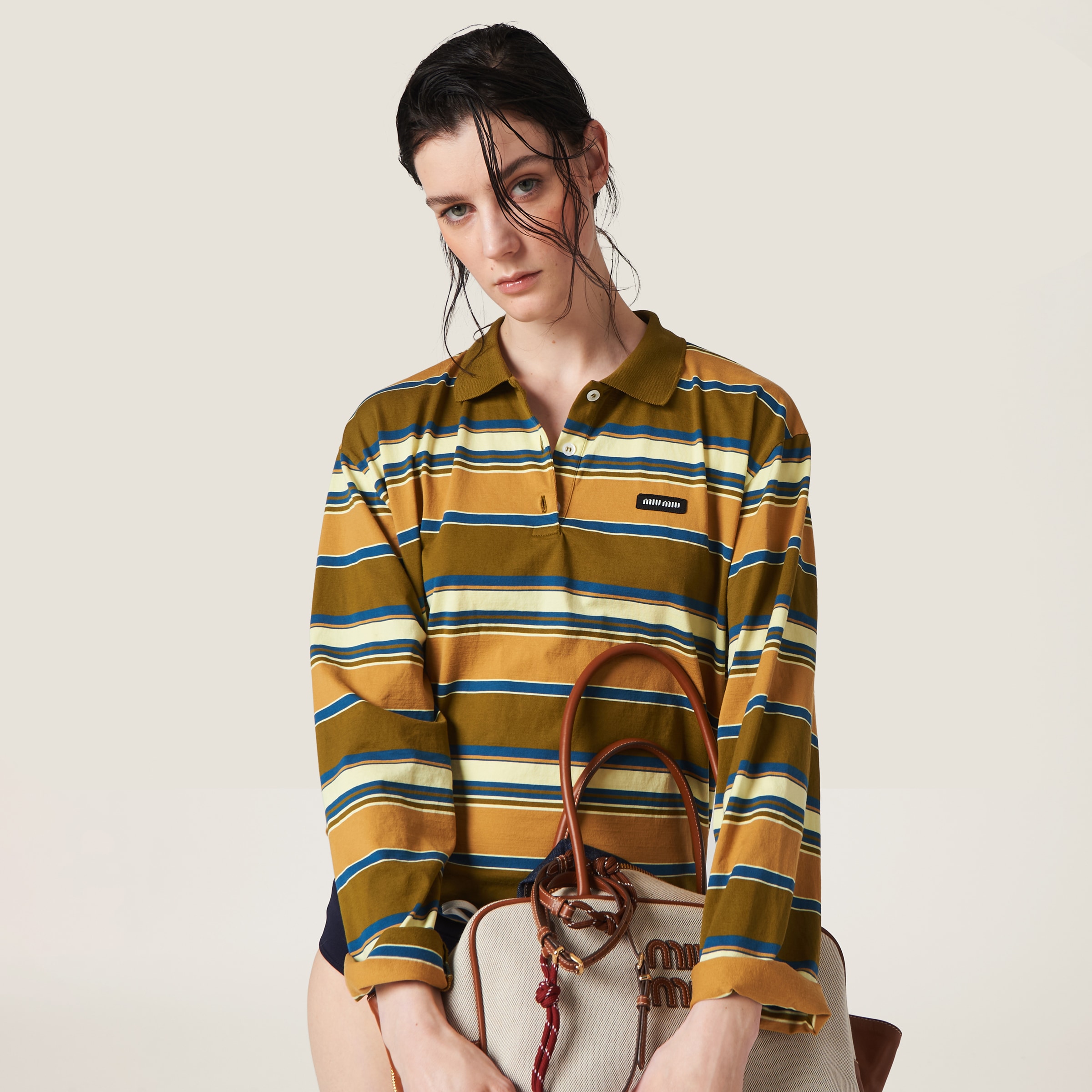 Mustard/cream/blue Cotton Jersey Polo Shirt | Miu Miu
