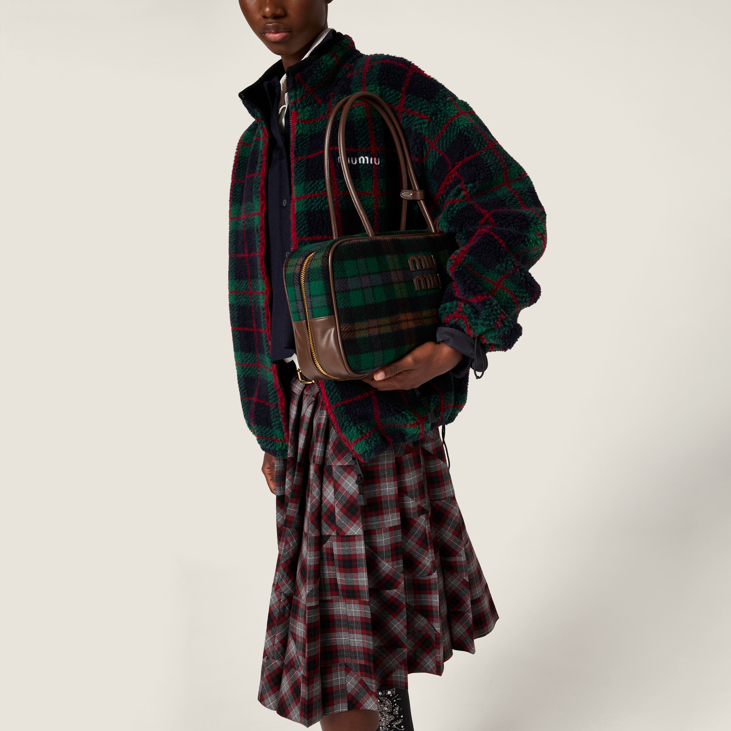 Felpa In Teddy Check Con Zip Blu/verde | Miu Miu
