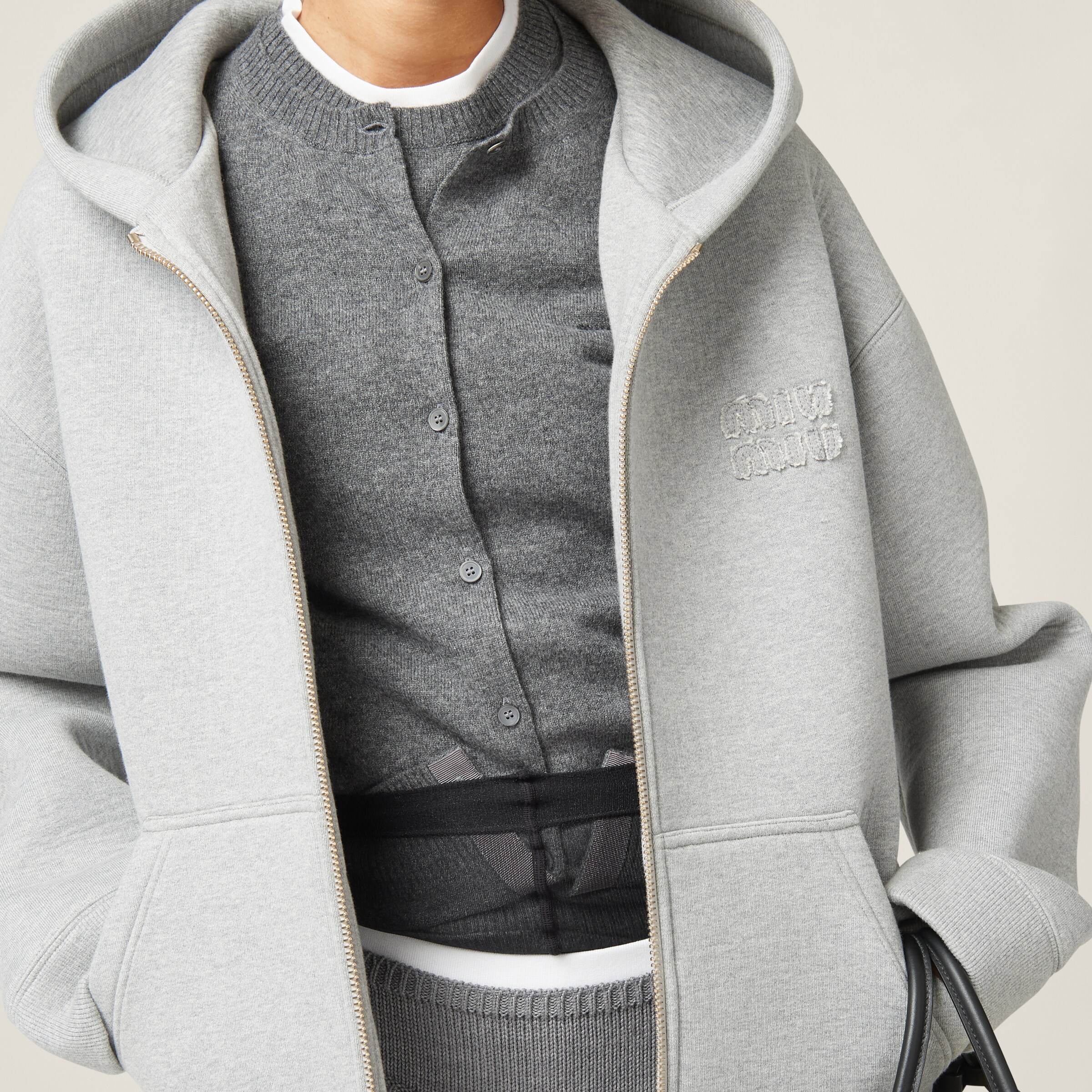 Grey Embroidered Cotton Hoodie | Miu Miu