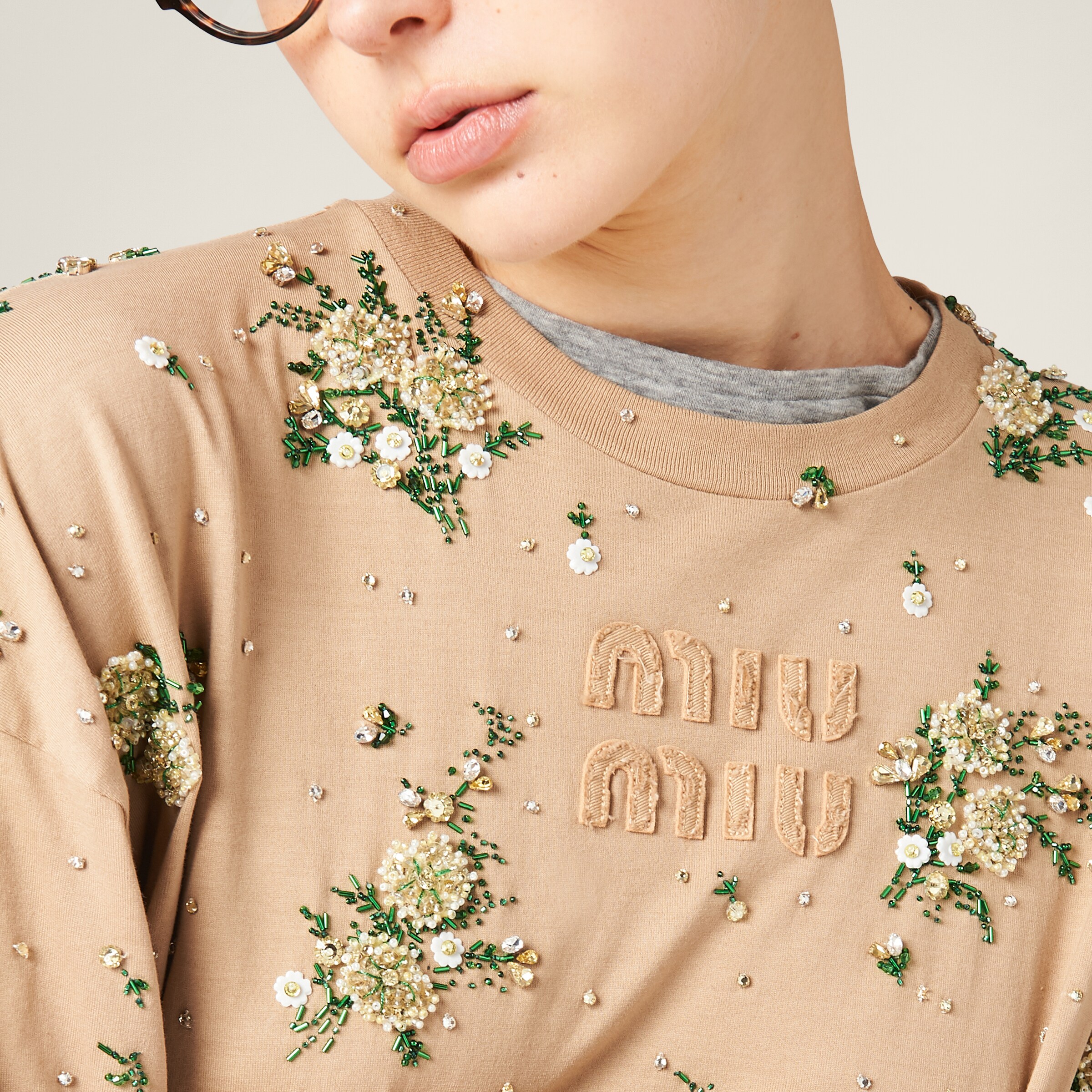 Cord Garment-dyed Long-sleeve Jersey T-shirt With Embroidery | Miu Miu