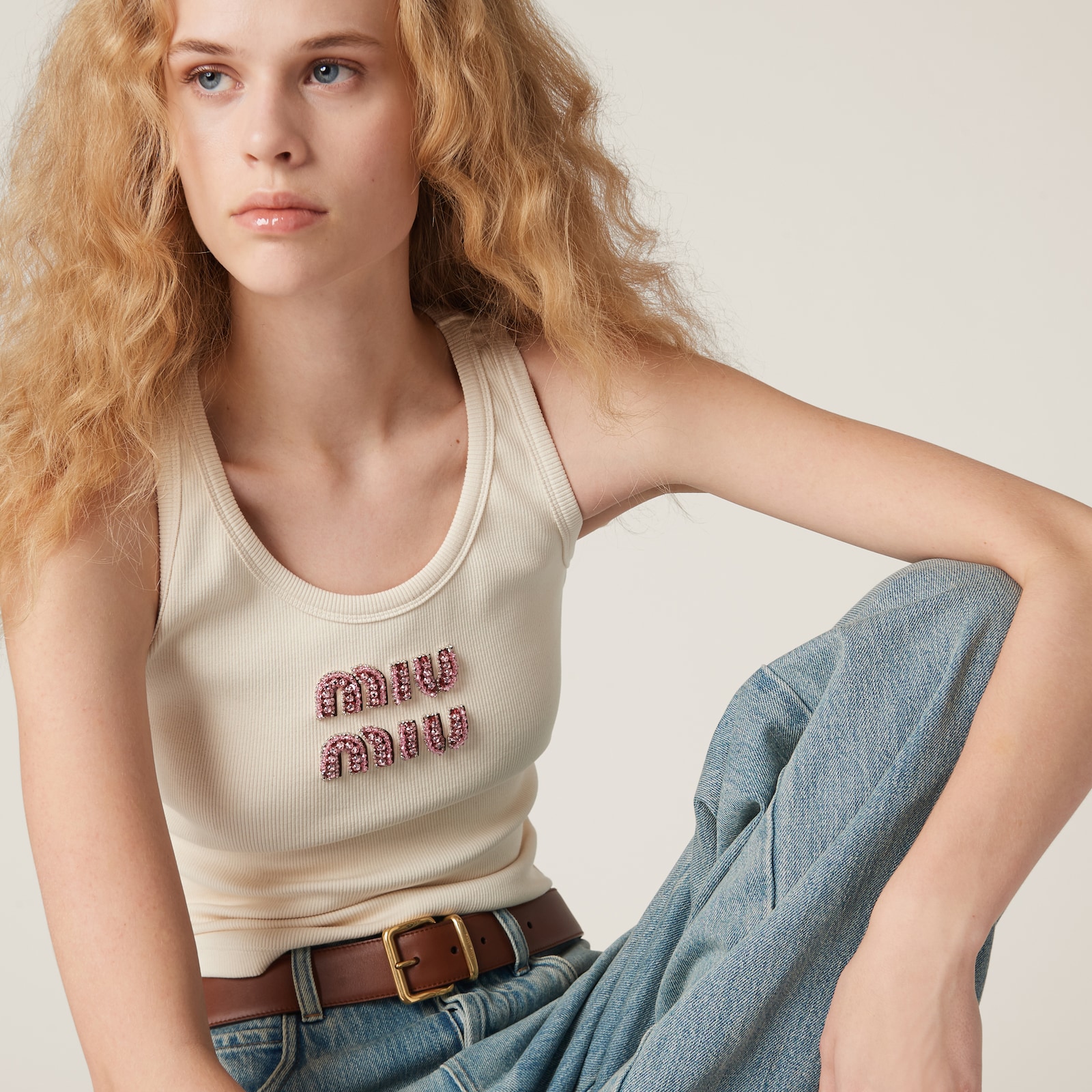 Tan / Pink Ribbed Jersey Top | Miu Miu