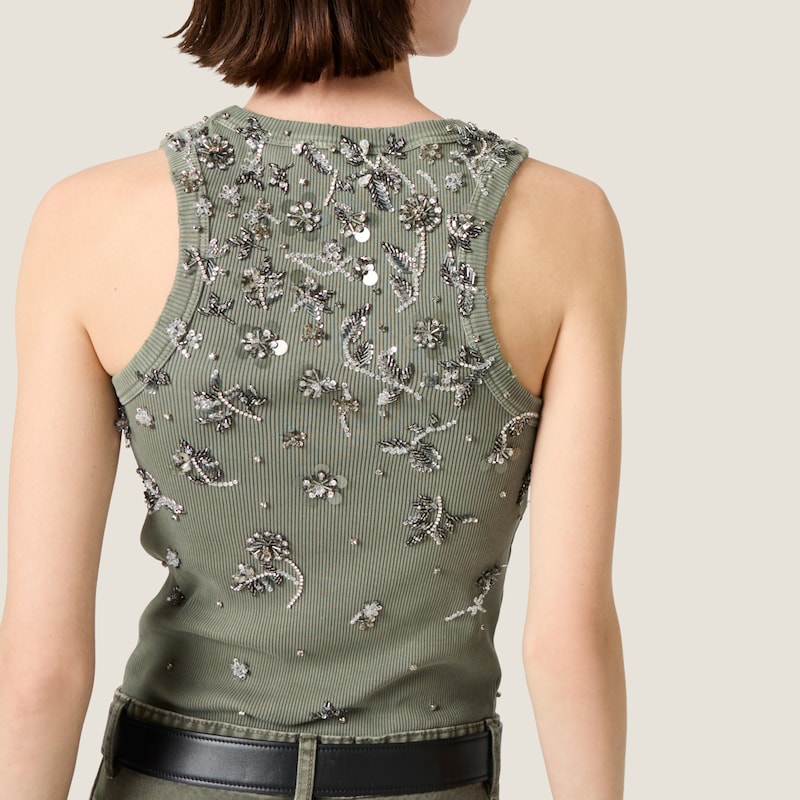 Olive Green Garment-dyed Embroidered Ribbed Knit Jersey Top | Miu Miu