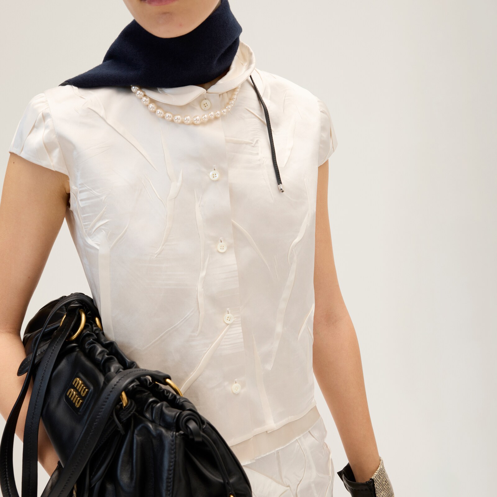 White Shirt In Crepe Satin And Ladder Fabric | Miu Miu